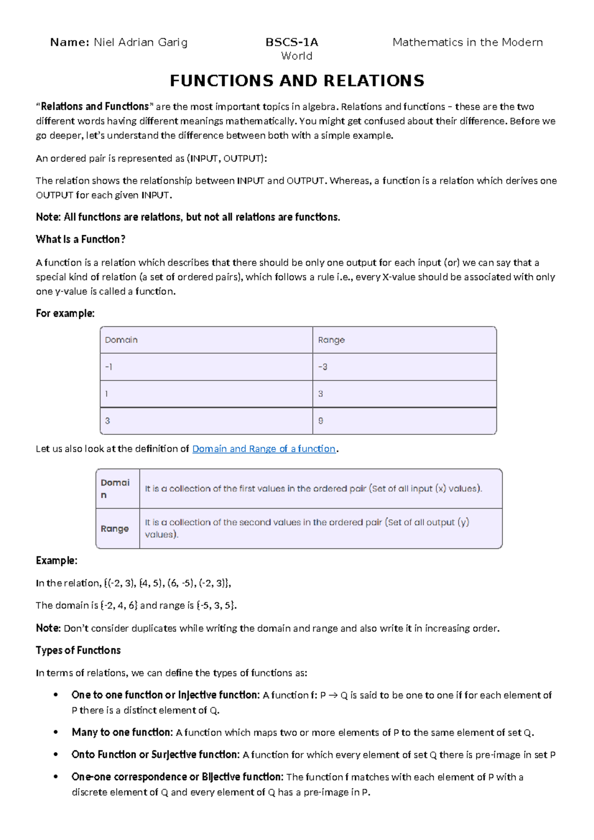 Functions AND Relations - Name: Niel Adrian Garig BSCS-1A Mathematics in the Modern World ...