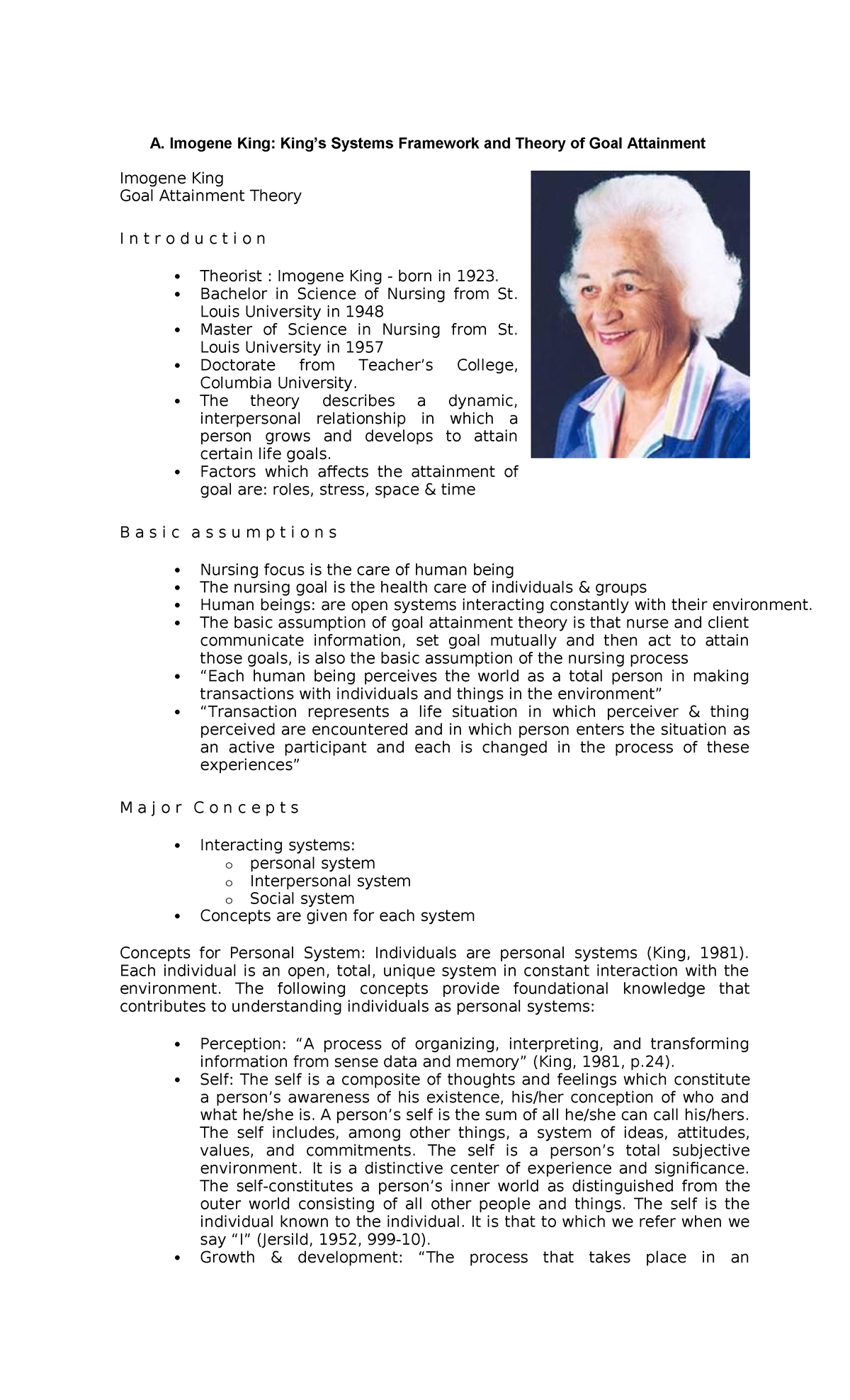 Imogene-King- Notes - A. Imogene King: King’s Systems Framework and ...