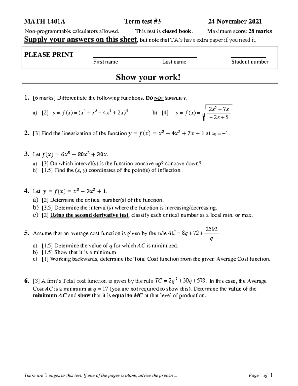 MATH 1401A - term test#3 - Practice questions - MATH 1401A Term test #3 ...