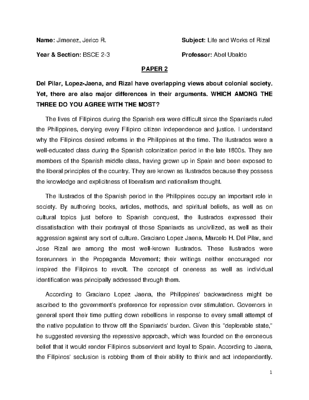 BSCE 2-3 Jimenez Jerico - Name: Jimenez, Jerico R. Subject: Life and ...