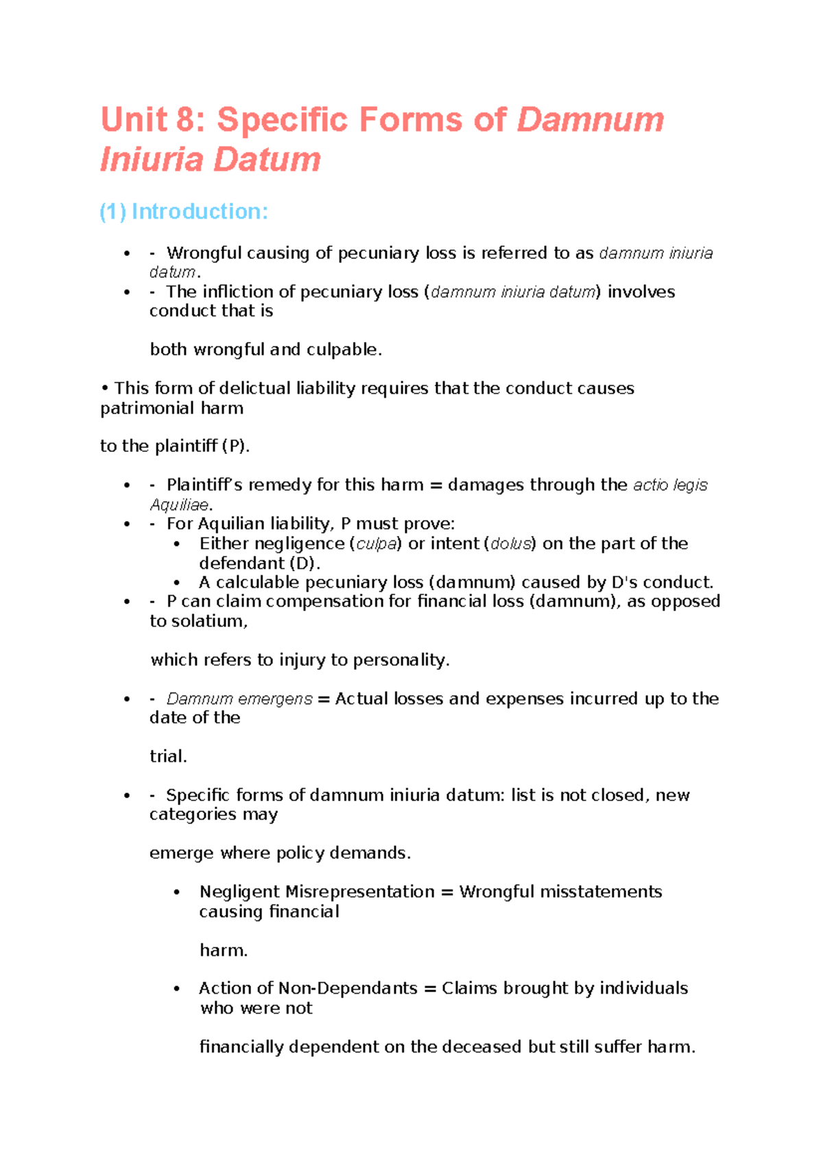 Unit 8 Specific Forms of Damnum Iniuria Datum - - The infliction of ...