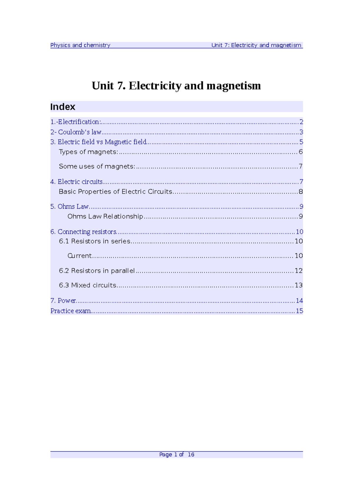 Unit 7 Electricity and Magnetism - Unit 7. Electricity and magnetism ...