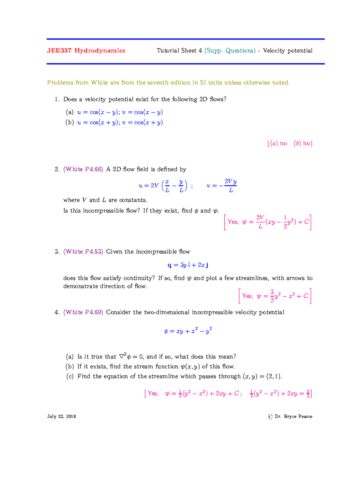 Tutorial s4 2018 supp - Tutorial Sheet 4 (Supp. Questions) Velocity potential JEE337 ...