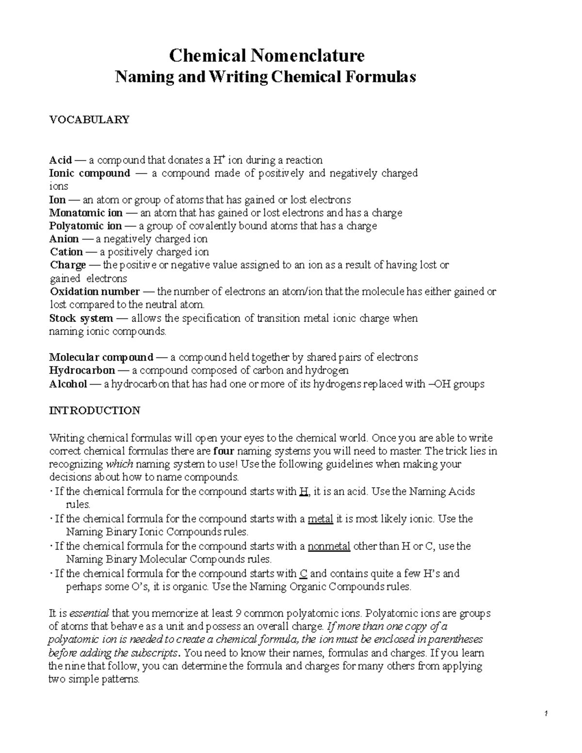 Pages 1-5 Chemical Nomenclature notes - Chemical Nomenclature Naming ...