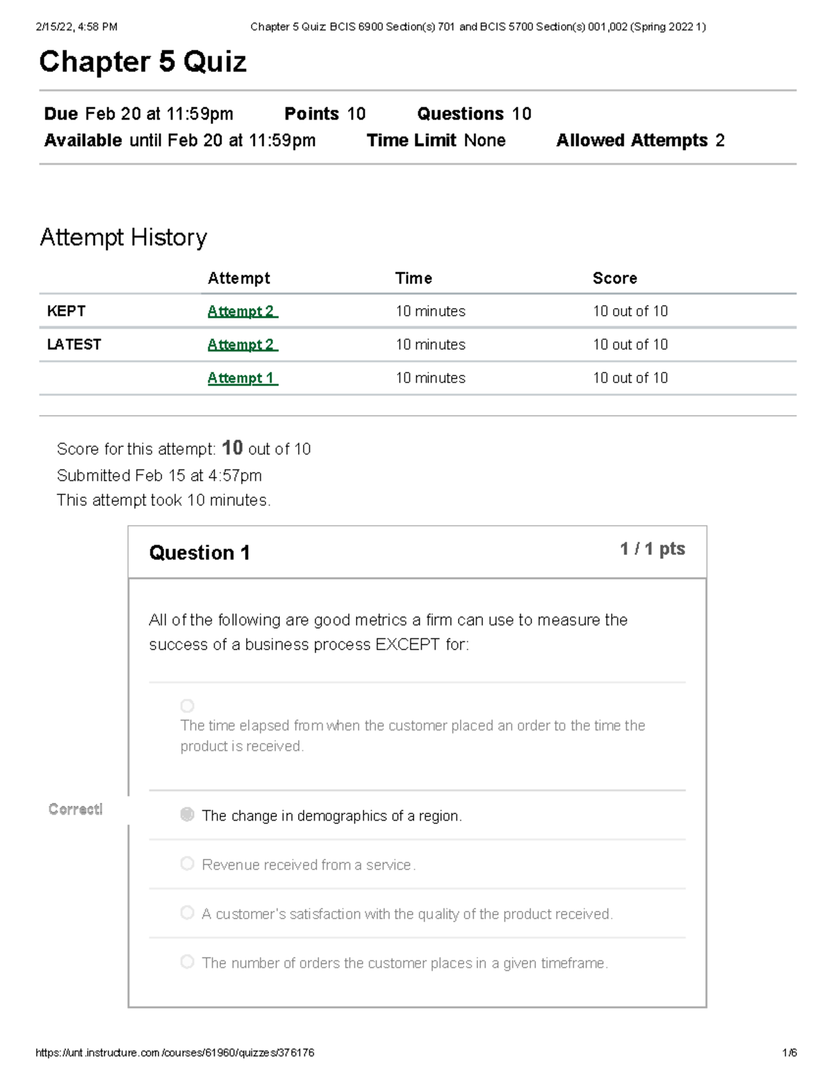 Chapter 5 q2 - quiz - Chapter 5 Quiz Due Feb 20 at 11:59pm Points 10 ...