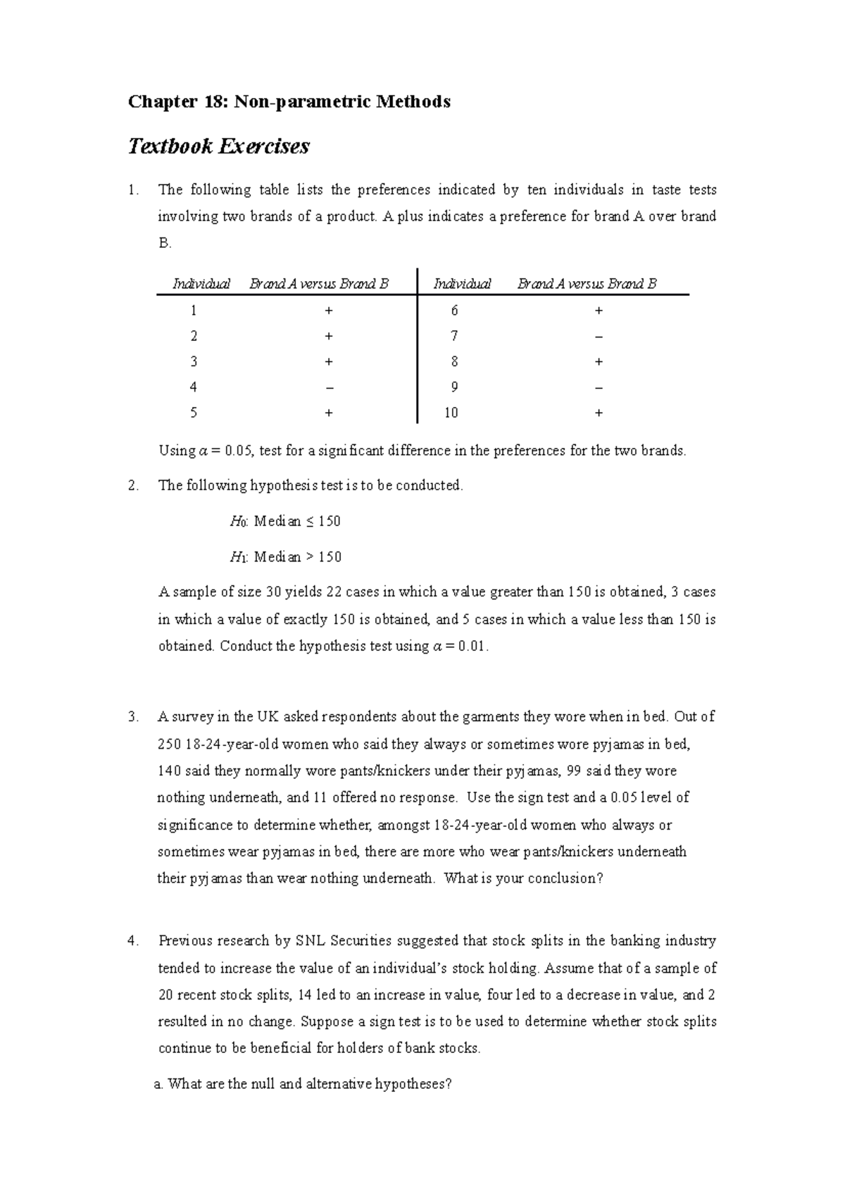 Ch18 solutions - ch18 - Chapter 18: Non-parametric Methods Textbook Exercises 1. The following ...