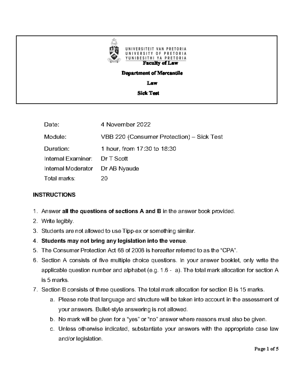 VBB 220 - sick test Final - Date: 4 November 2022 Module: VBB 220 ...