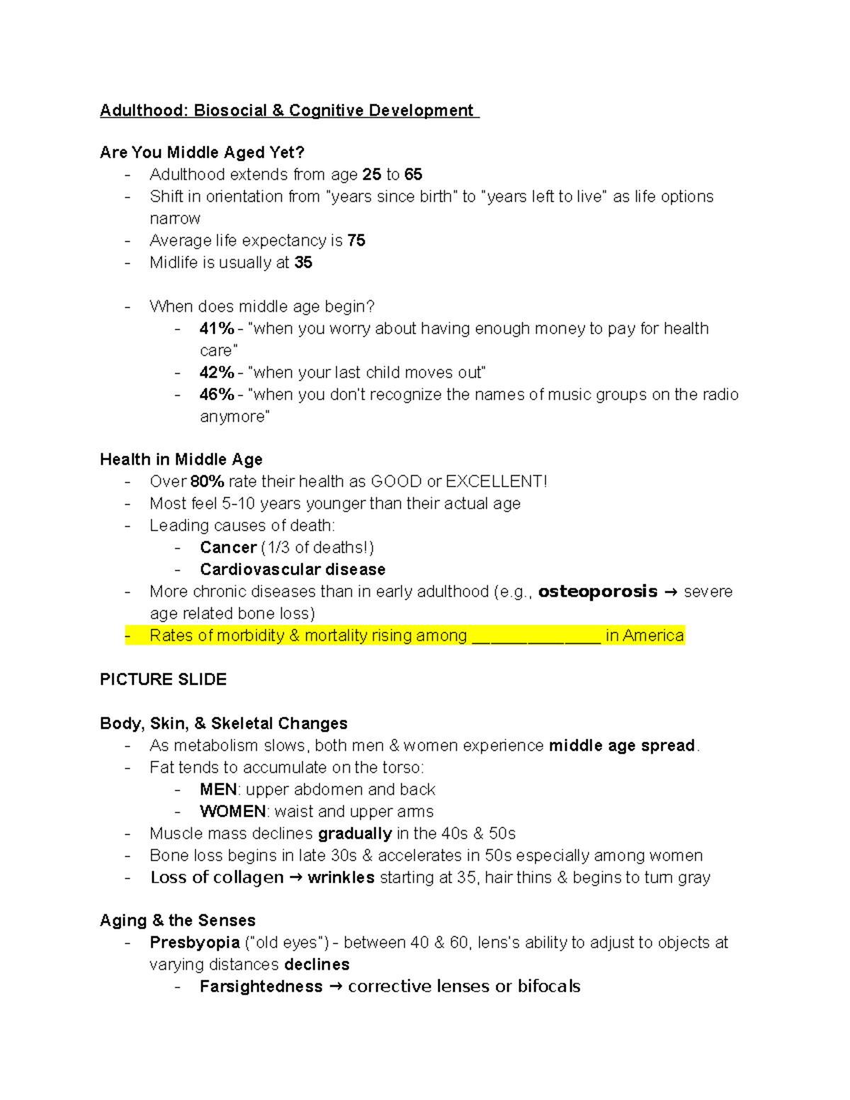 Psych Chp. 20 and 21 - Lecture notes 20 and 21 - Adulthood: Biosocial ...