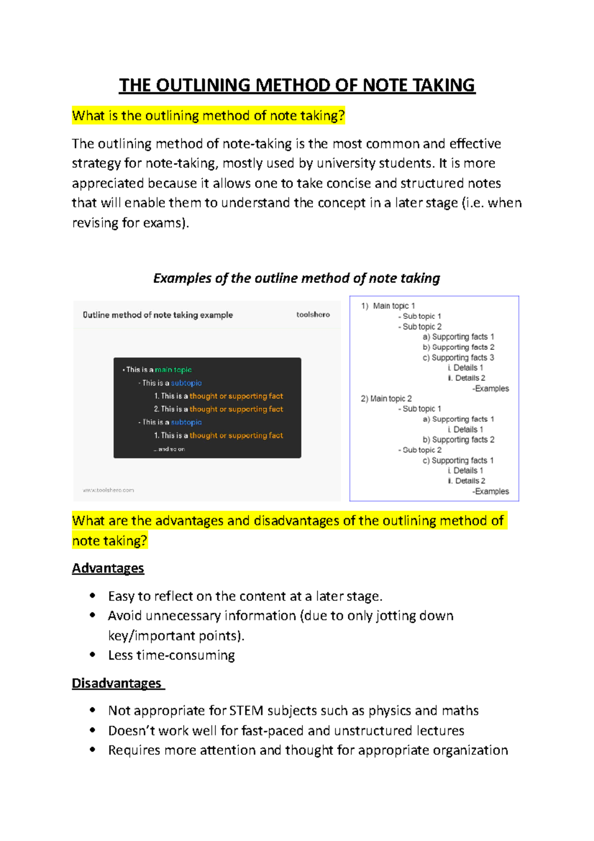THE Outlining Method OF NOTE Taking - THE OUTLINING METHOD OF NOTE ...