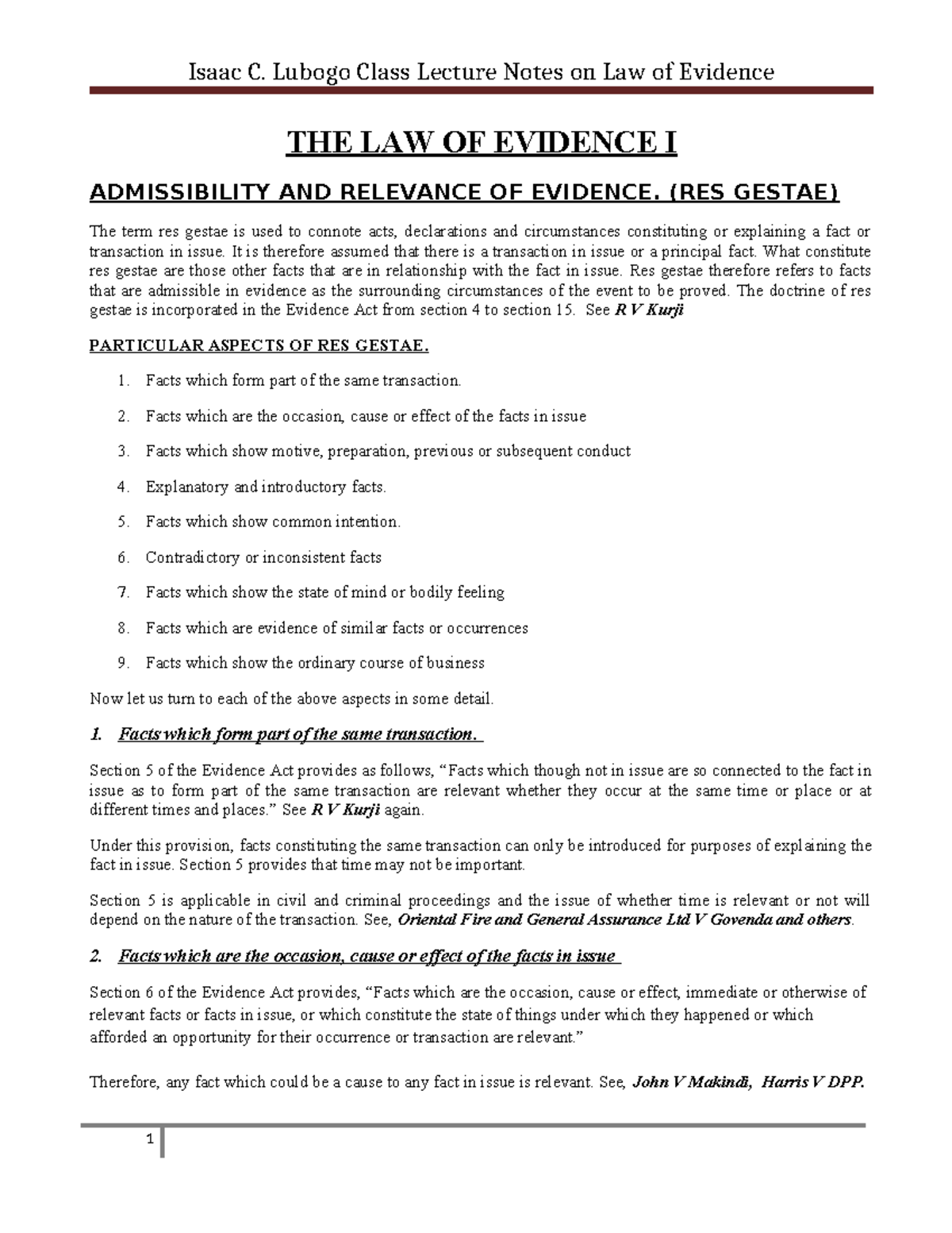 Notes Summaries; Law of Evidence-1 - THE LAW OF EVIDENCE I ...