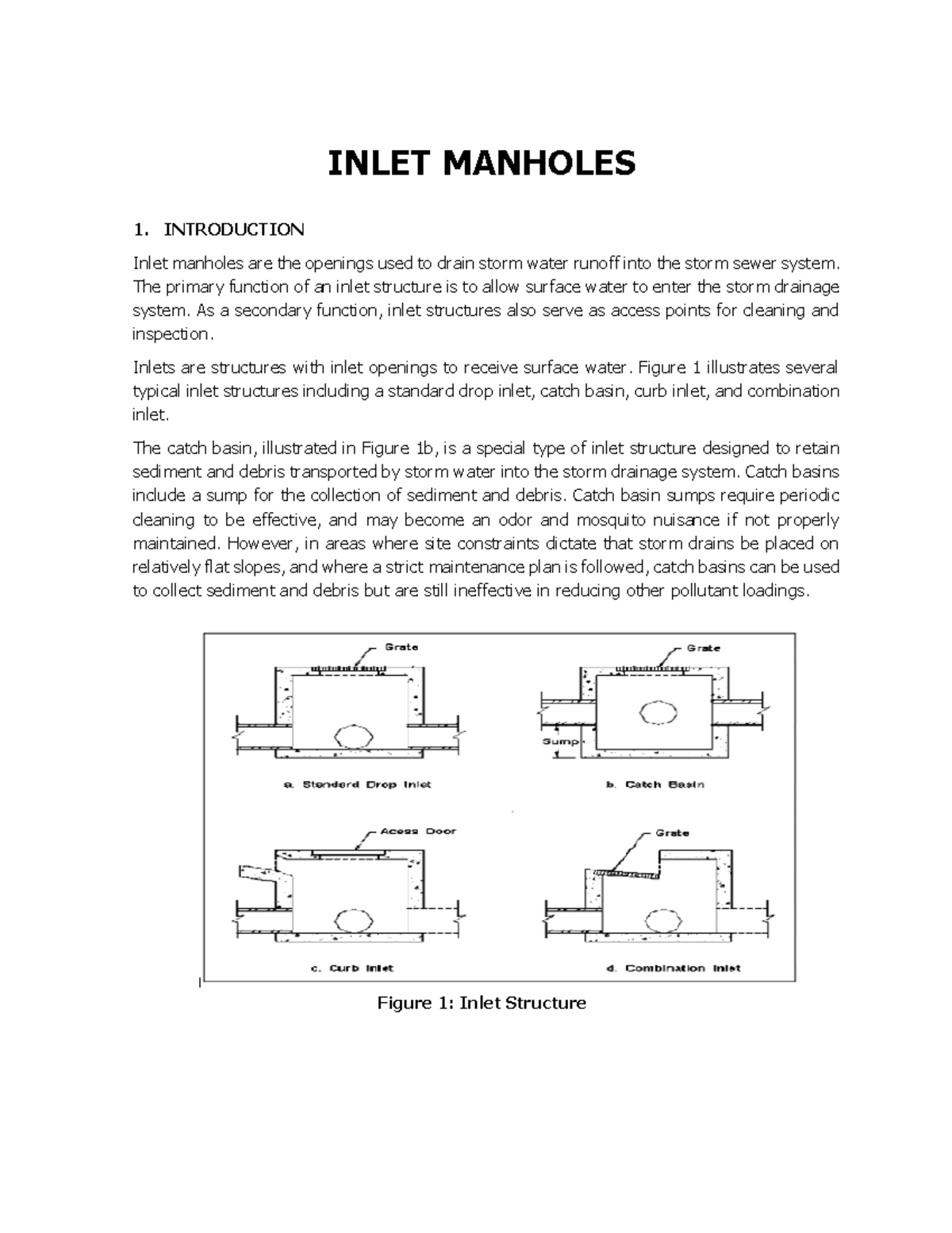Inlet- Manholes - LECTURE NOTES - INLET MANHOLES 1. INTRODUCTION Inlet ...