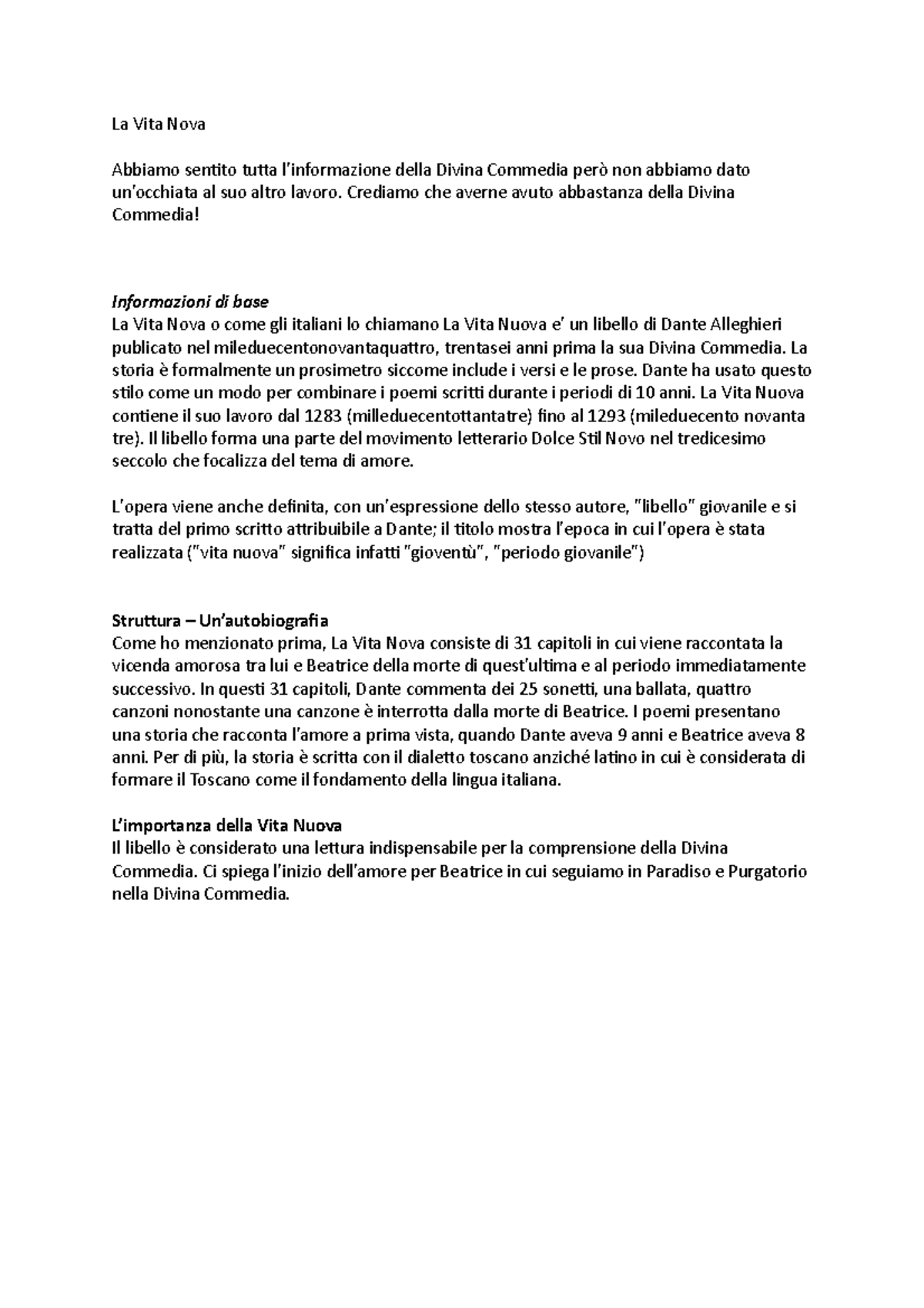 La Vita Nova - Some notes - La Vita Nova Abbiamo sentito tutta l ...