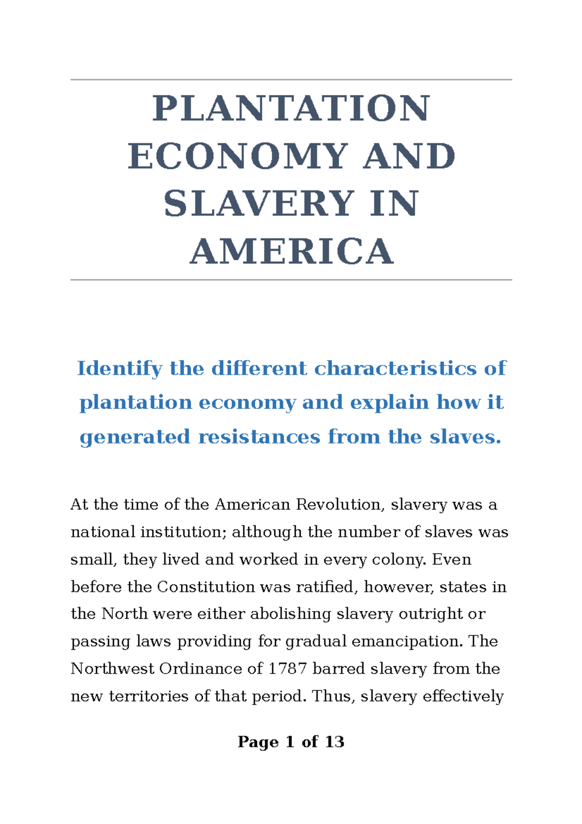 Plantation economy and slavery in Americ - PLANTATION ECONOMY AND ...