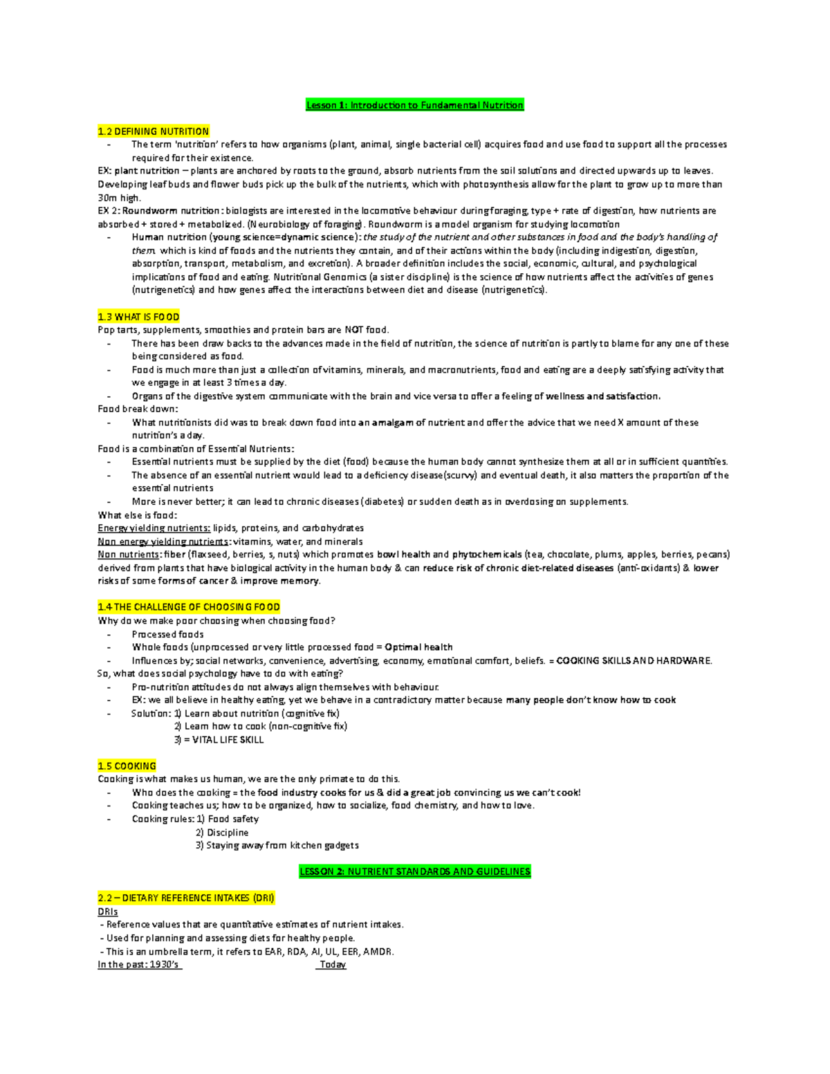 Fundamental Nutrition Midterm #1 notes/summaries - Lesson 1 ...