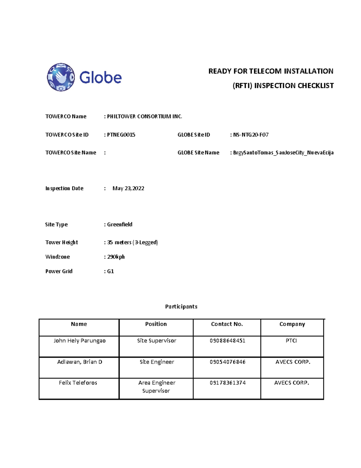 Ptneg 0015 NS-NTG20-F07 RFTI Inspection Checklist 05232022 - READY FOR ...