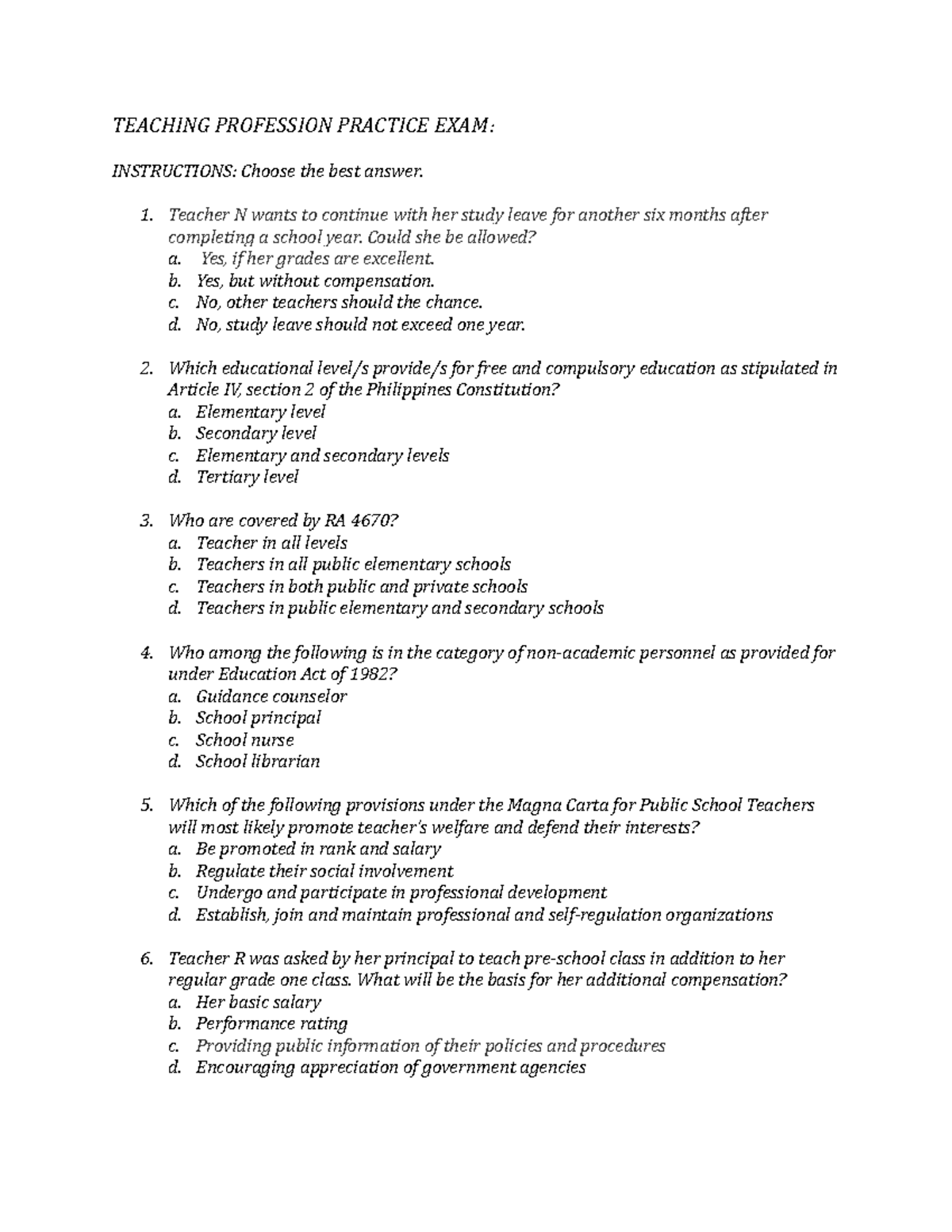 Teaching Profession Practice EXAM - TEACHING PROFESSION PRACTICE EXAM ...