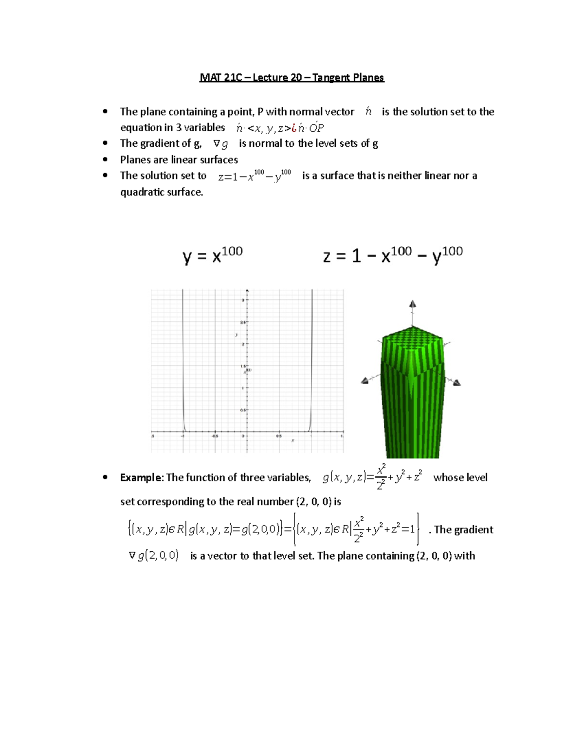 Mat 21c Lecture 20 Tangent Planes Mat 21c Lecture 20 Tangent Planes The Plane Containing A