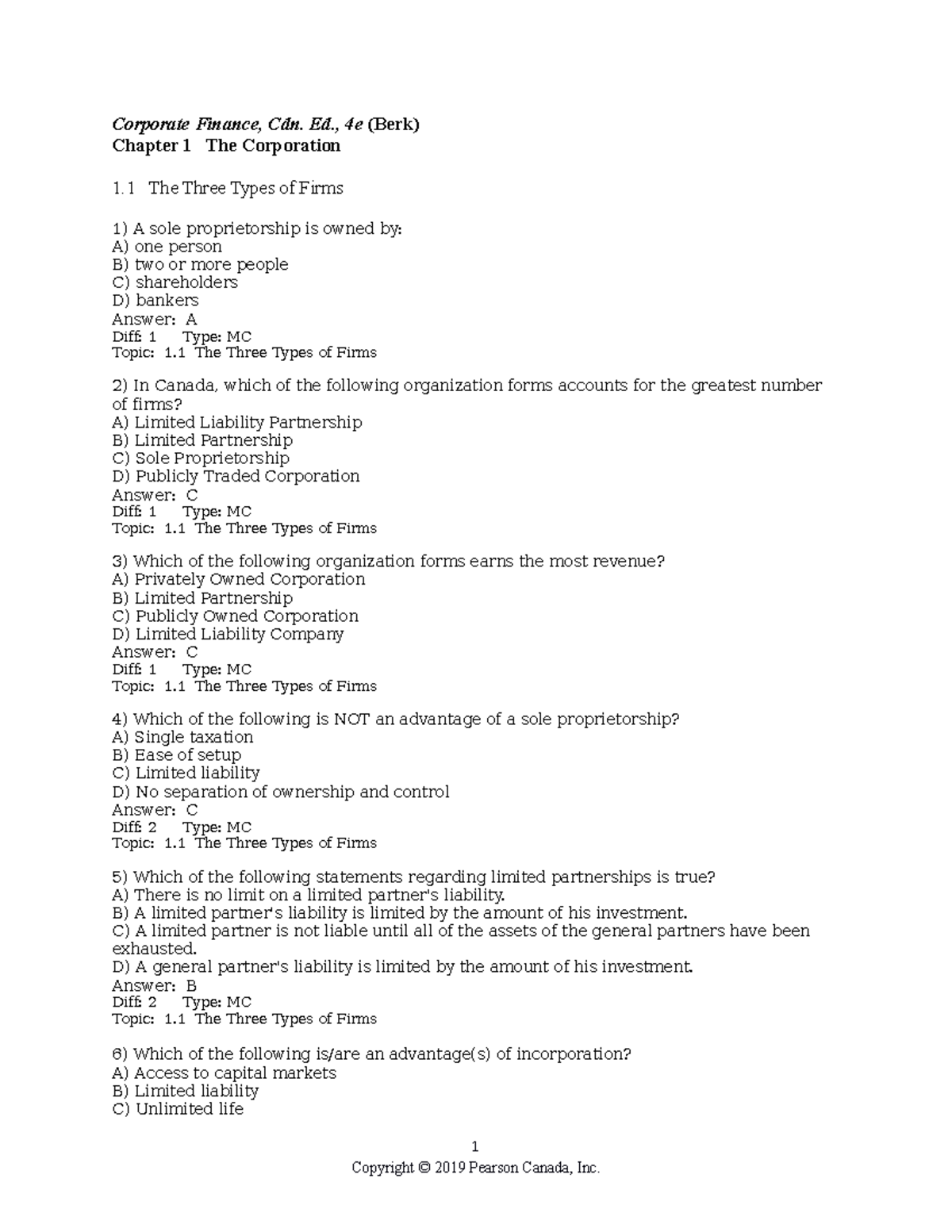 Chapter 1 - N/A - Corporate Finance, Cdn. Ed., 4e (Berk) Chapter 1 The ...