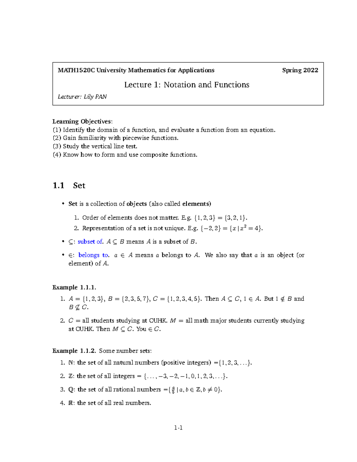 L1Notation and Functions - MATH1520C University Mathematics for ...