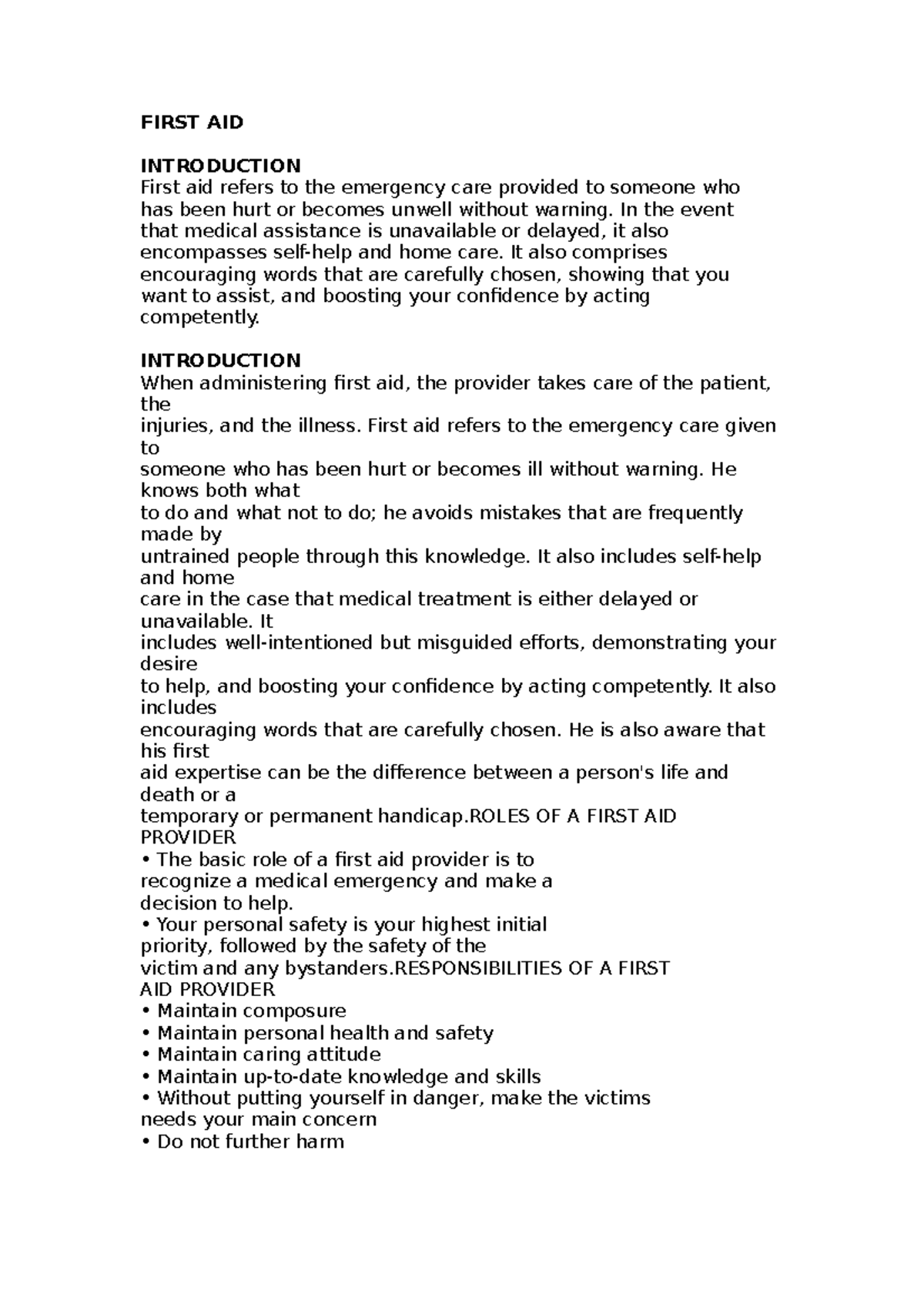 First AID - lecture notes in criminology - FIRST AID INTRODUCTION First ...