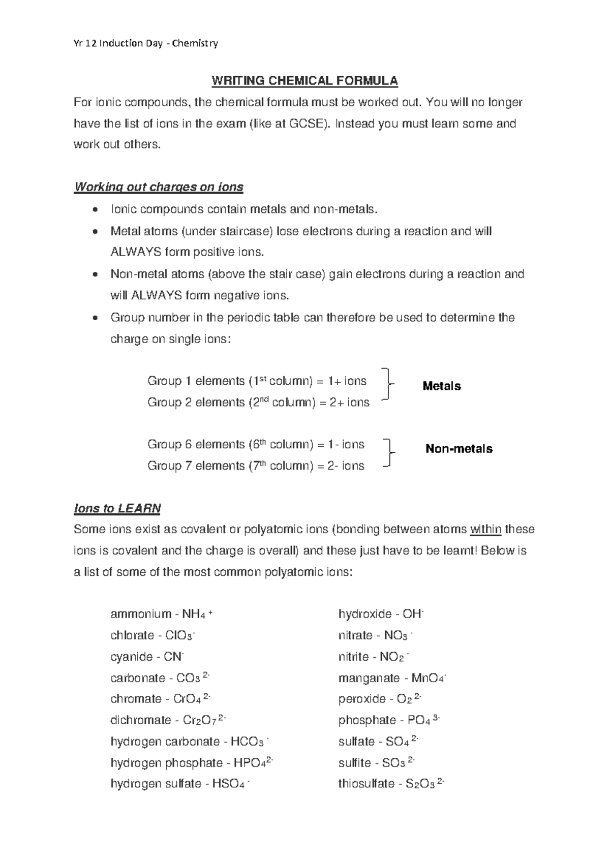Chemistry - WRITING CHEMICAL FORMULA For ionic compounds, the chemical ...