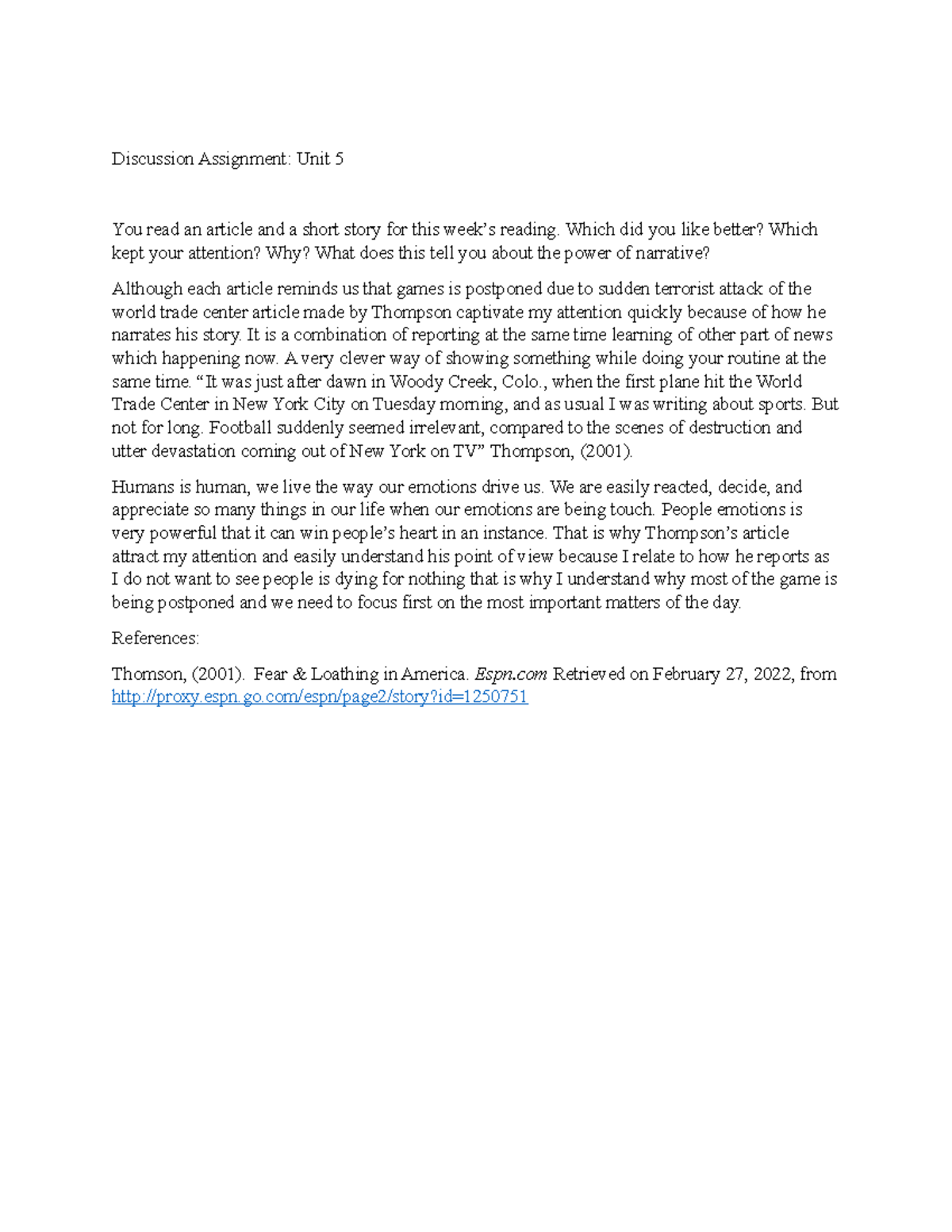 Engl 1102 discussion forum 5 - Discussion Assignment: Unit 5 You read ...