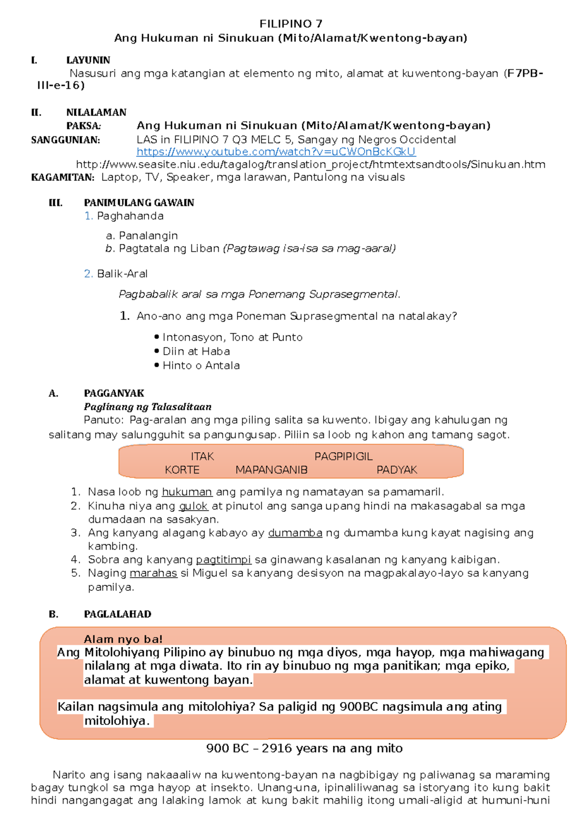 CO Hukuman NI Sinukuan - Lesson Plan - FILIPINO 7 Ang Hukuman ni ...