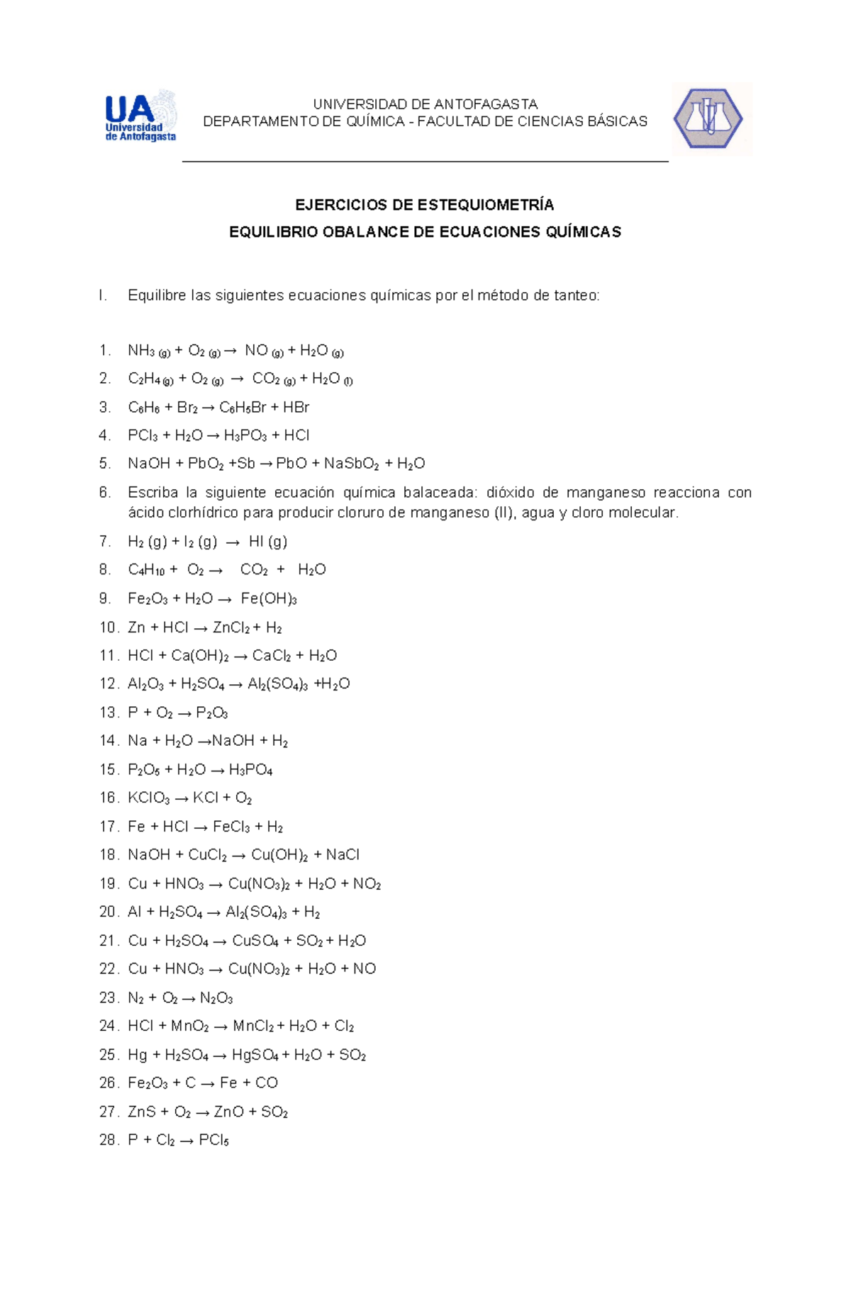 Ejercicios Estequimetria Equilibrio DE Ecuaciones Quimicas - UNIVERSIDAD DE ANTOFAGASTA ...