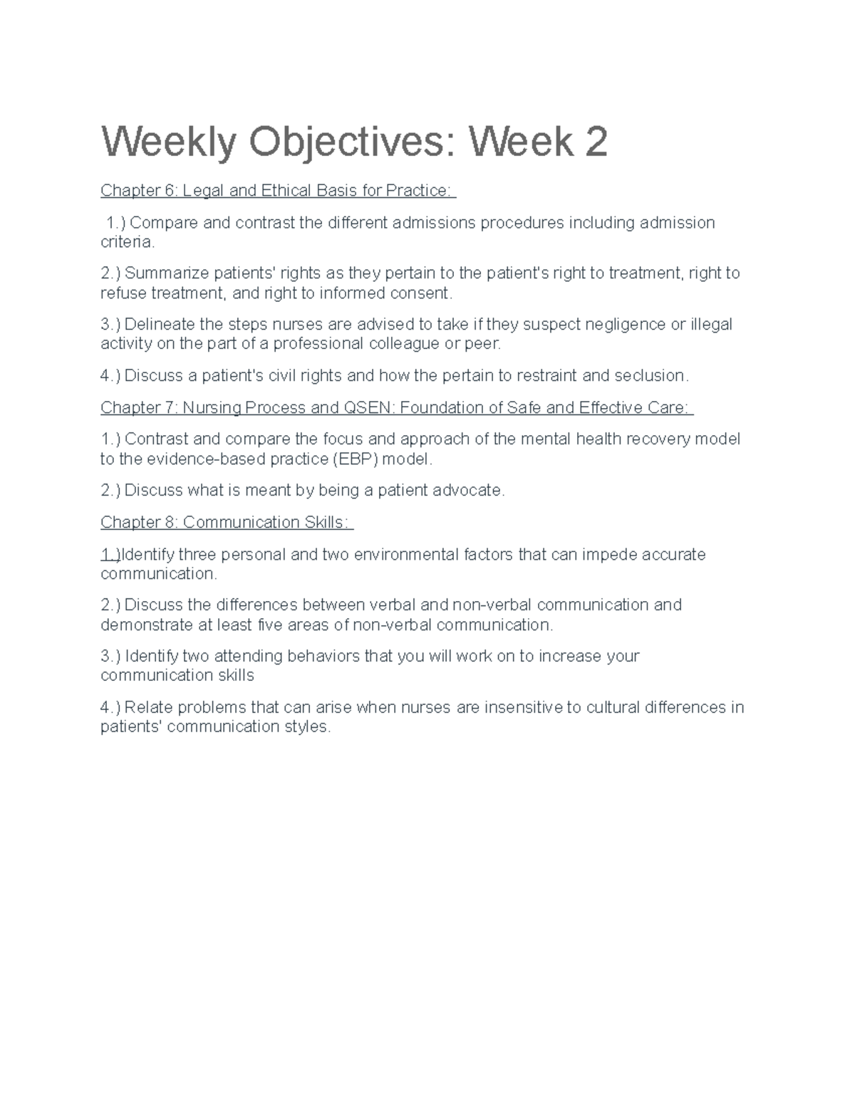 Weekly Objectives- Week 2 - ) Compare and contrast the different admissions procedures including ...