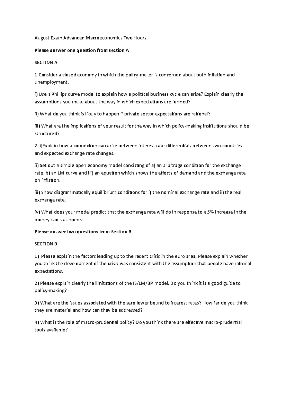 2016 Advanced Macroeconomics Final August Exam Advanced