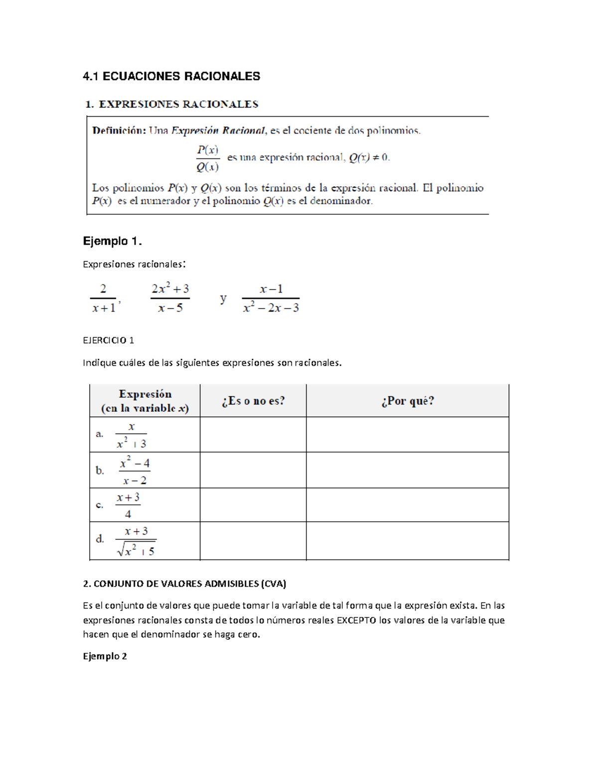 Manual de matemática semana 4 - 4. 1 ECUACIONES RACIONALES Ejemplo 1 ...