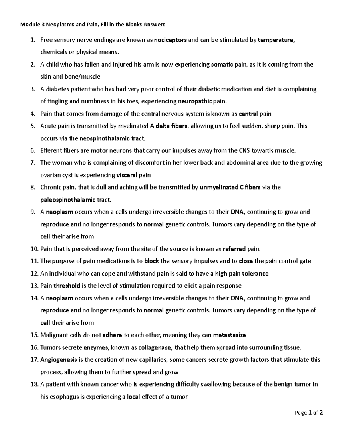 Module 3 Fill in the Blanks Answers - Module 3 Neoplasms and Pain, Fill ...