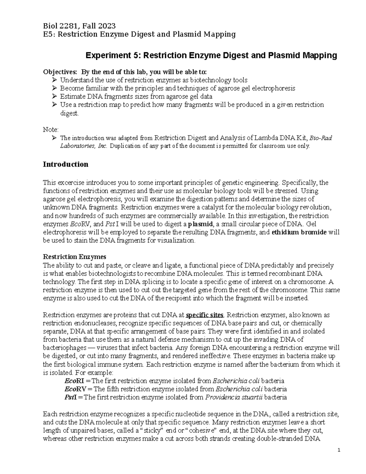 E5 Restriction Enzyme Digest Procedure and Report F23-updated Oct 3 ...