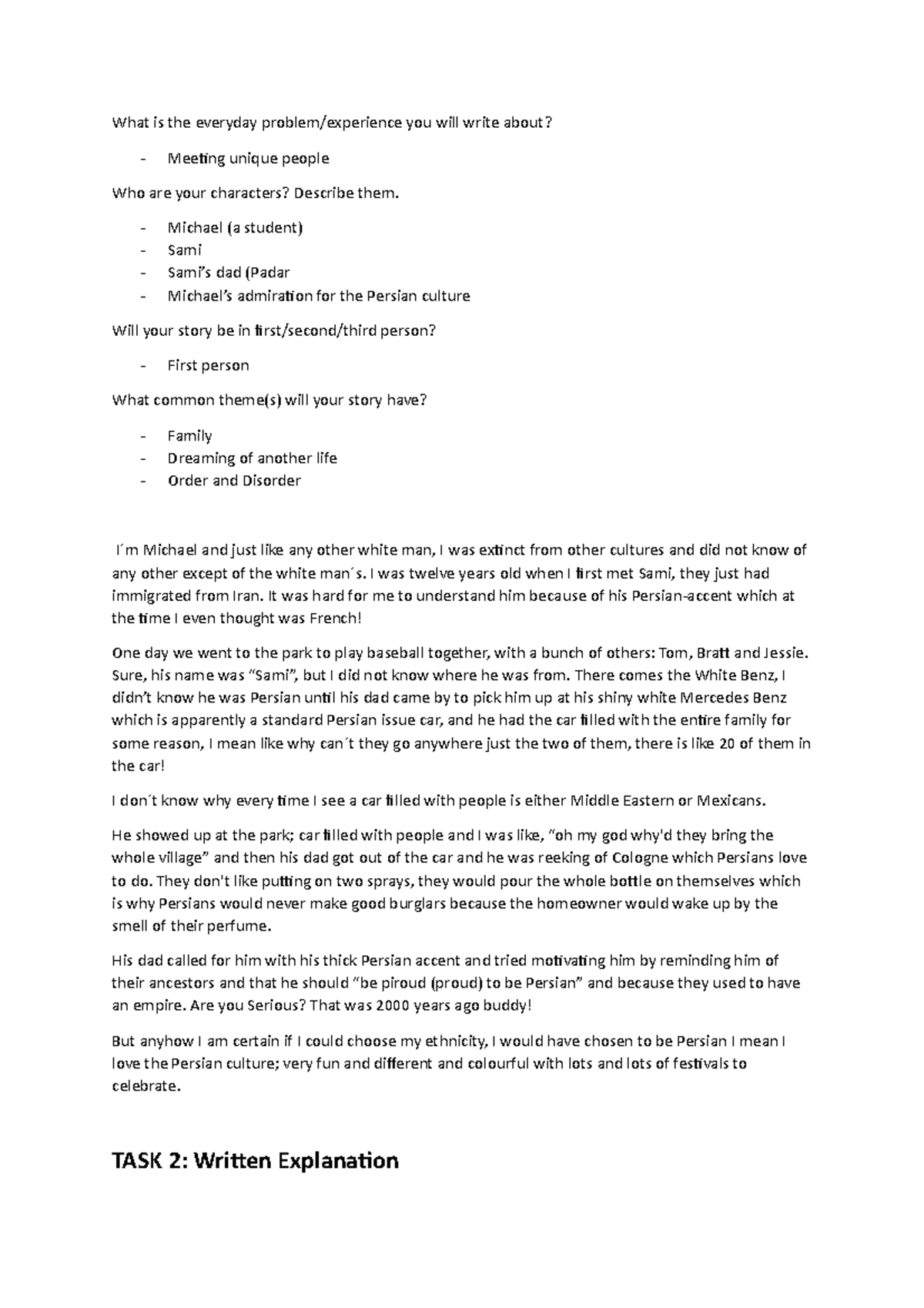 Creative Writing Plan - ENR74 - What is the everyday problem/experience ...