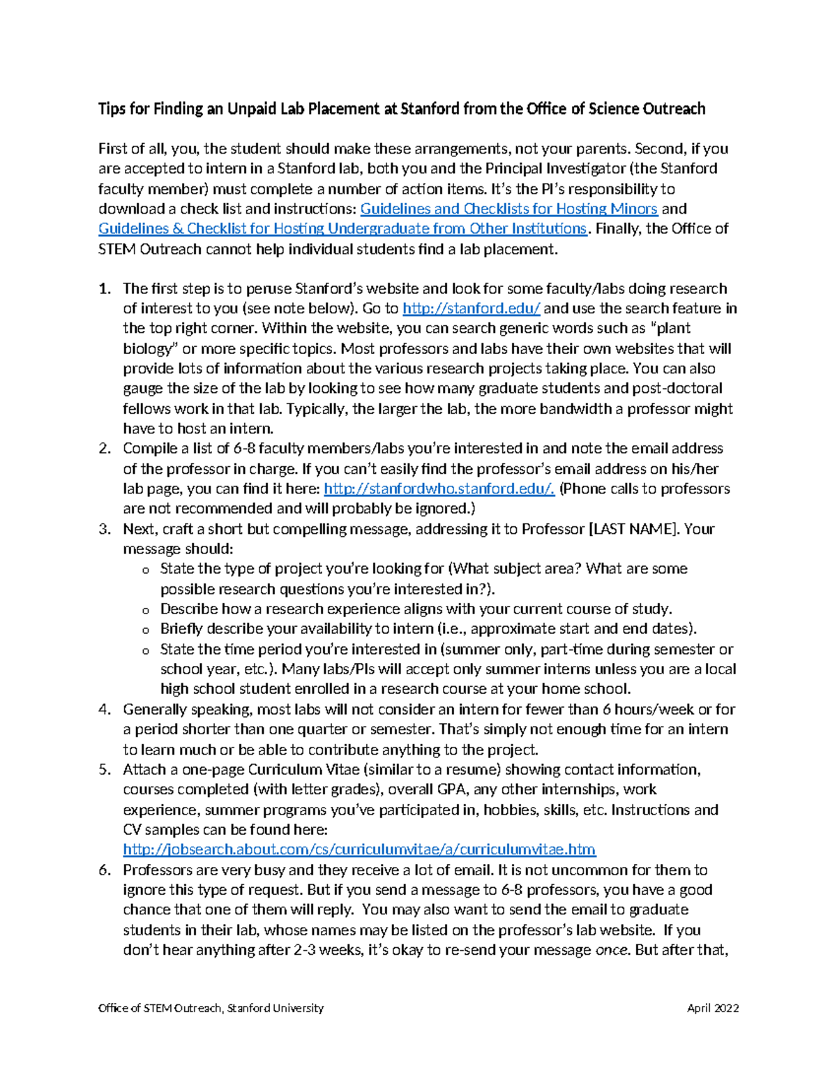 April 2022 Tips for Finding an Unpaid Lab Placement at Stanford from ...