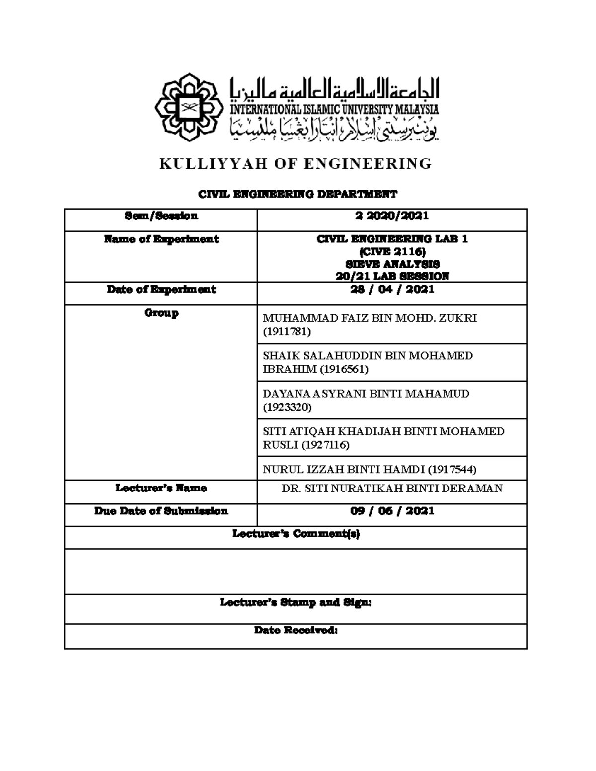Sieve Analysis lab - CIVIL ENGINEERING DEPARTMENT Sem/Session 2 2020/ Name of Experiment CIVIL ...