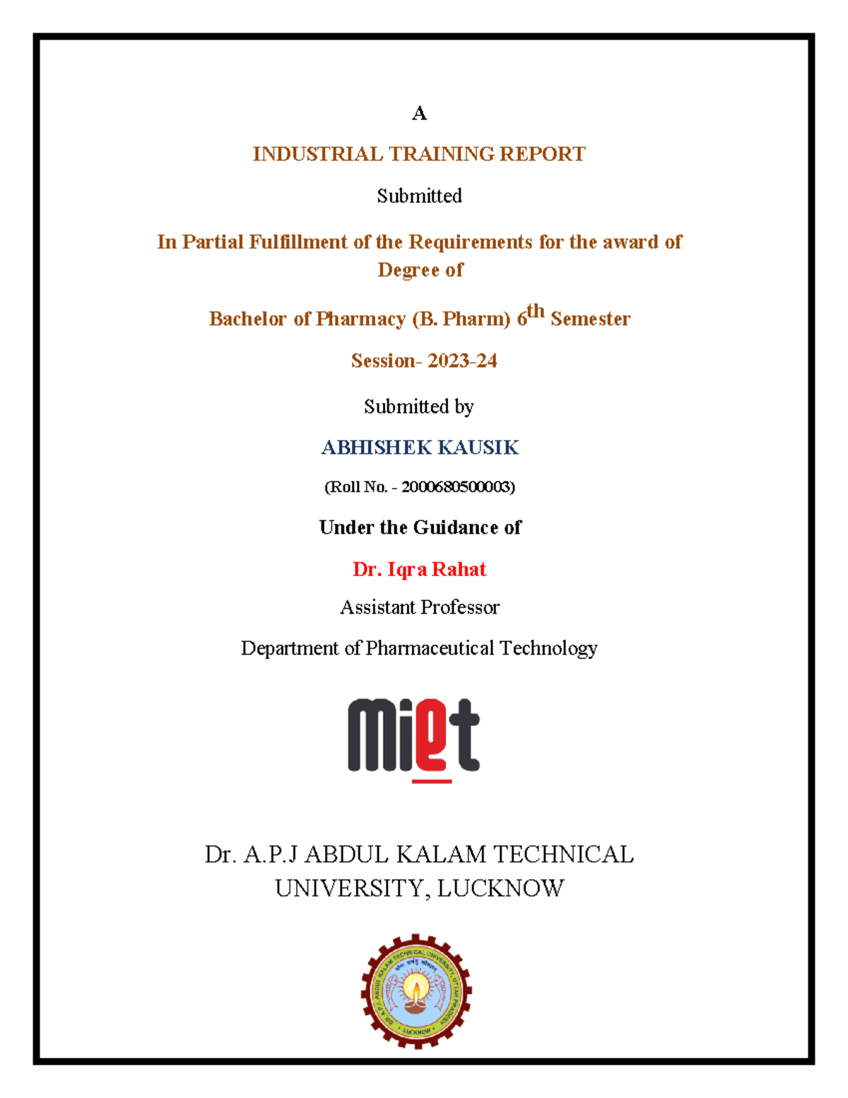 Industrial training report - A INDUSTRIAL TRAINING REPORT Submitted In ...