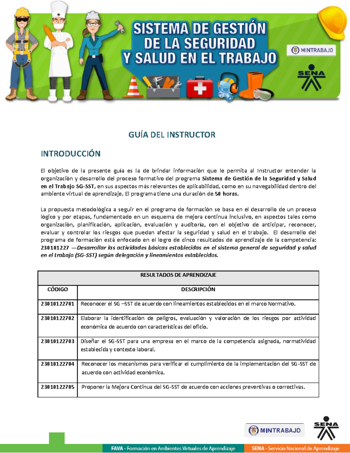 Guia Instructor SG-SST - GUÍA DEL INSTRUCTOR INTRODUCCIÓN El objetivo de la presente guía es la ...