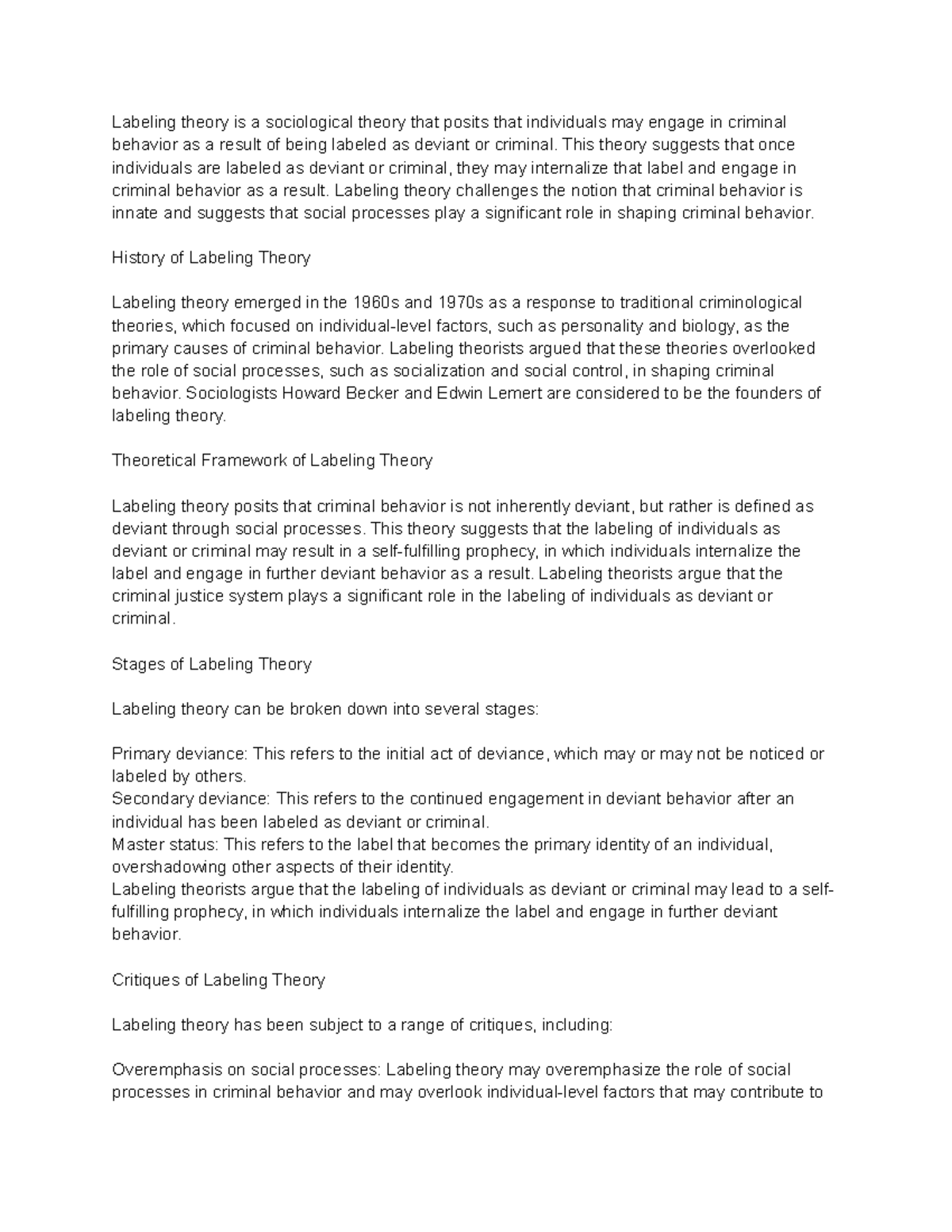 Labeling Theory - This theory suggests that once individuals are ...