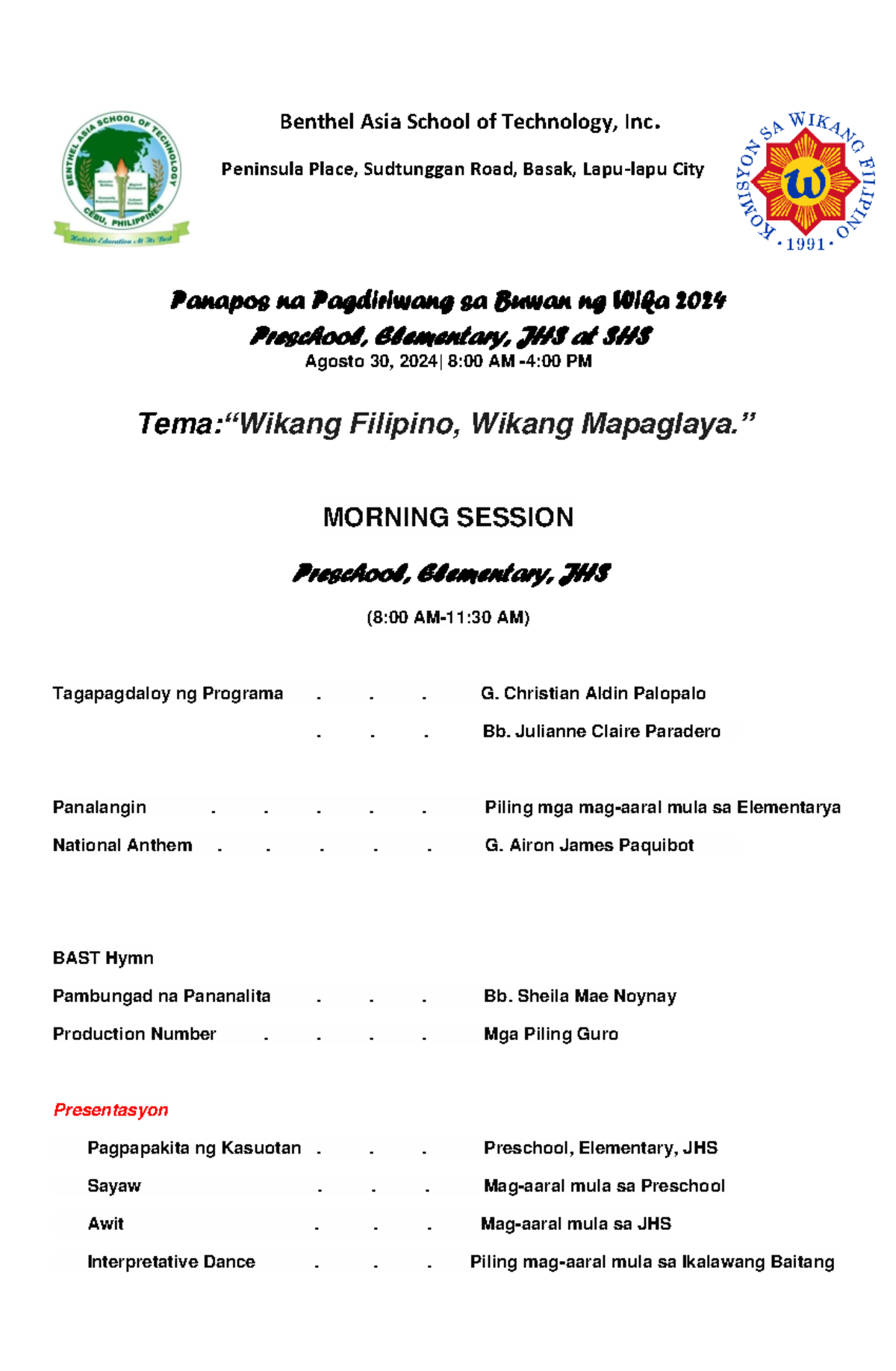 Programa sa Buwan ng Wika 2024 Final - Benthel Asia School of ...