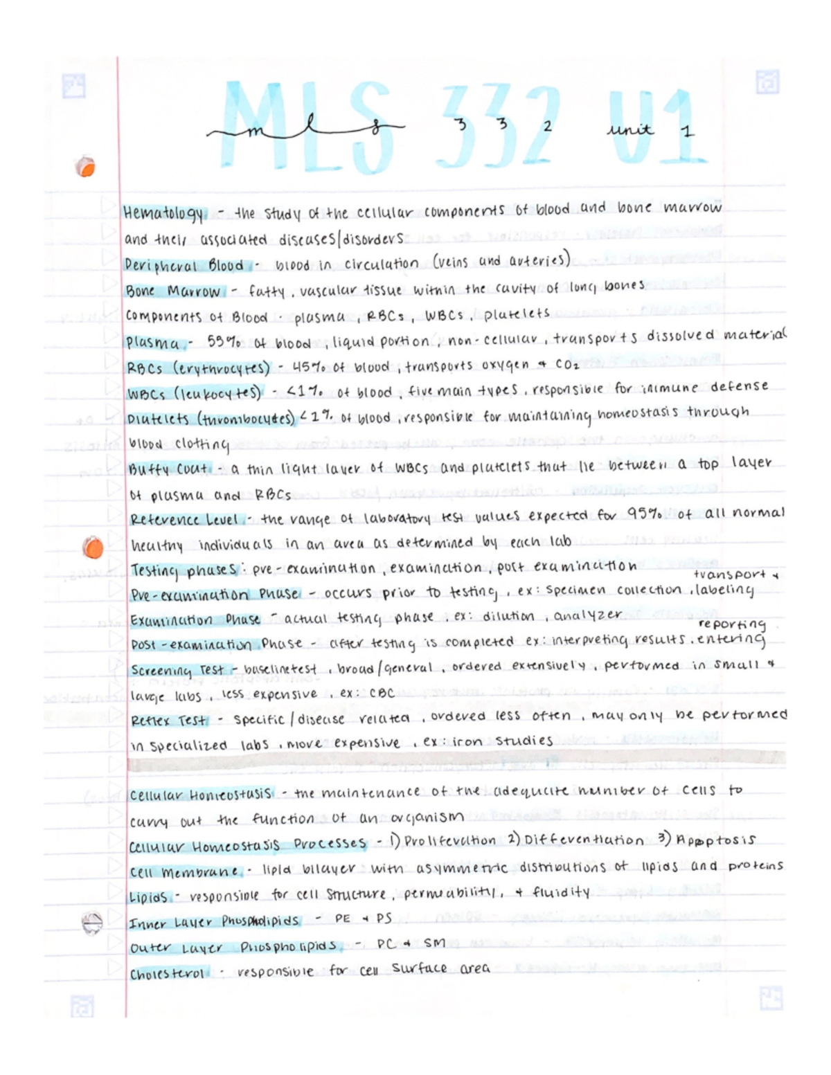 MLS 332 Unit 1 Notes - MLS 325 - Studocu