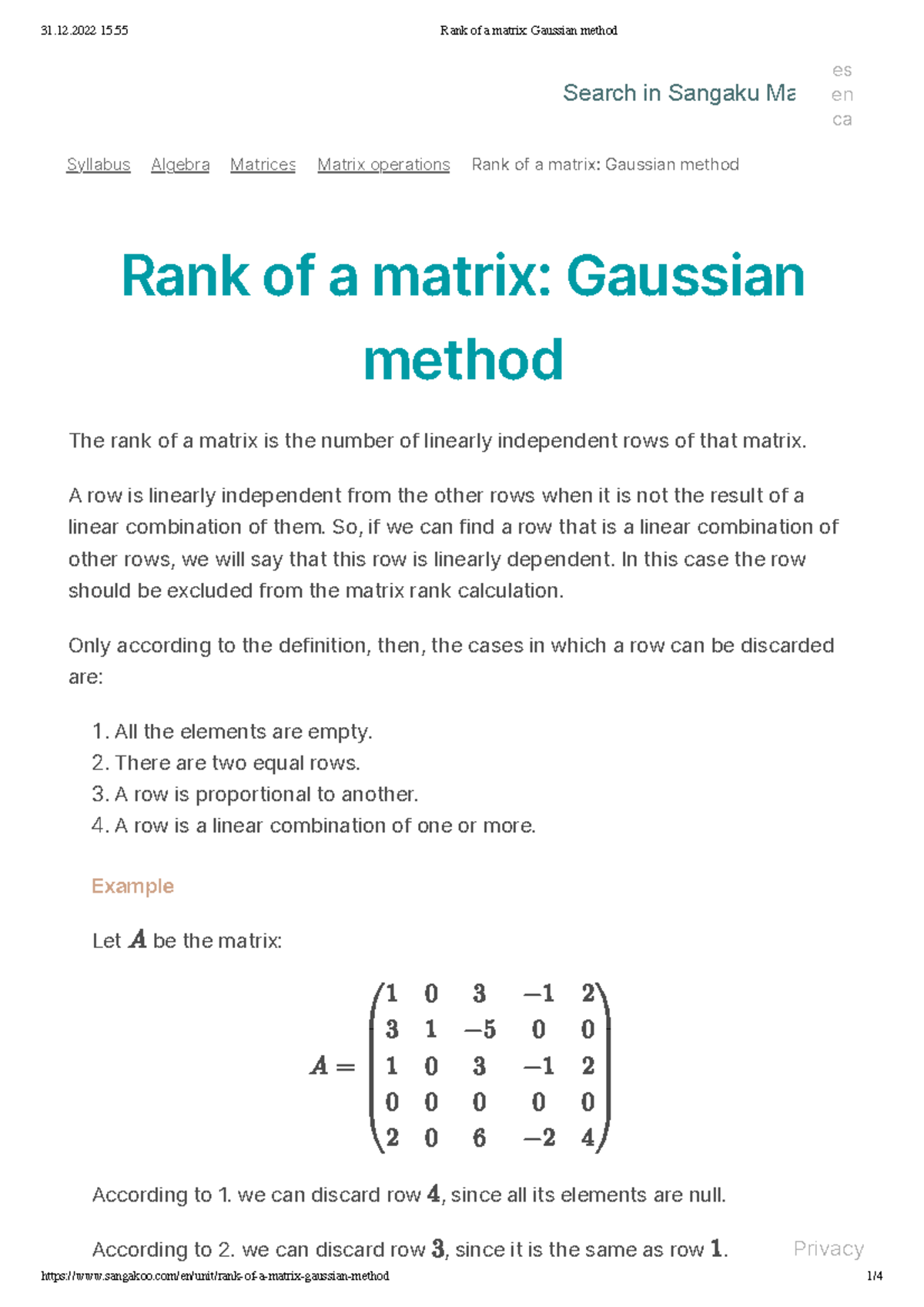 Rank of a matrix Gaussian method - A row is linearly independent from ...