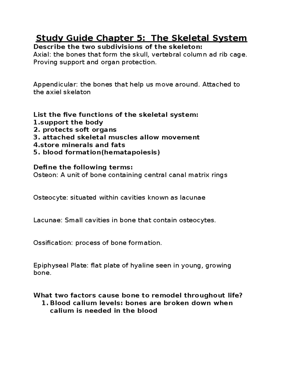 1 Study Guide Chapter 5 Skeletal - Study Guide Chapter 5: The Skeletal ...