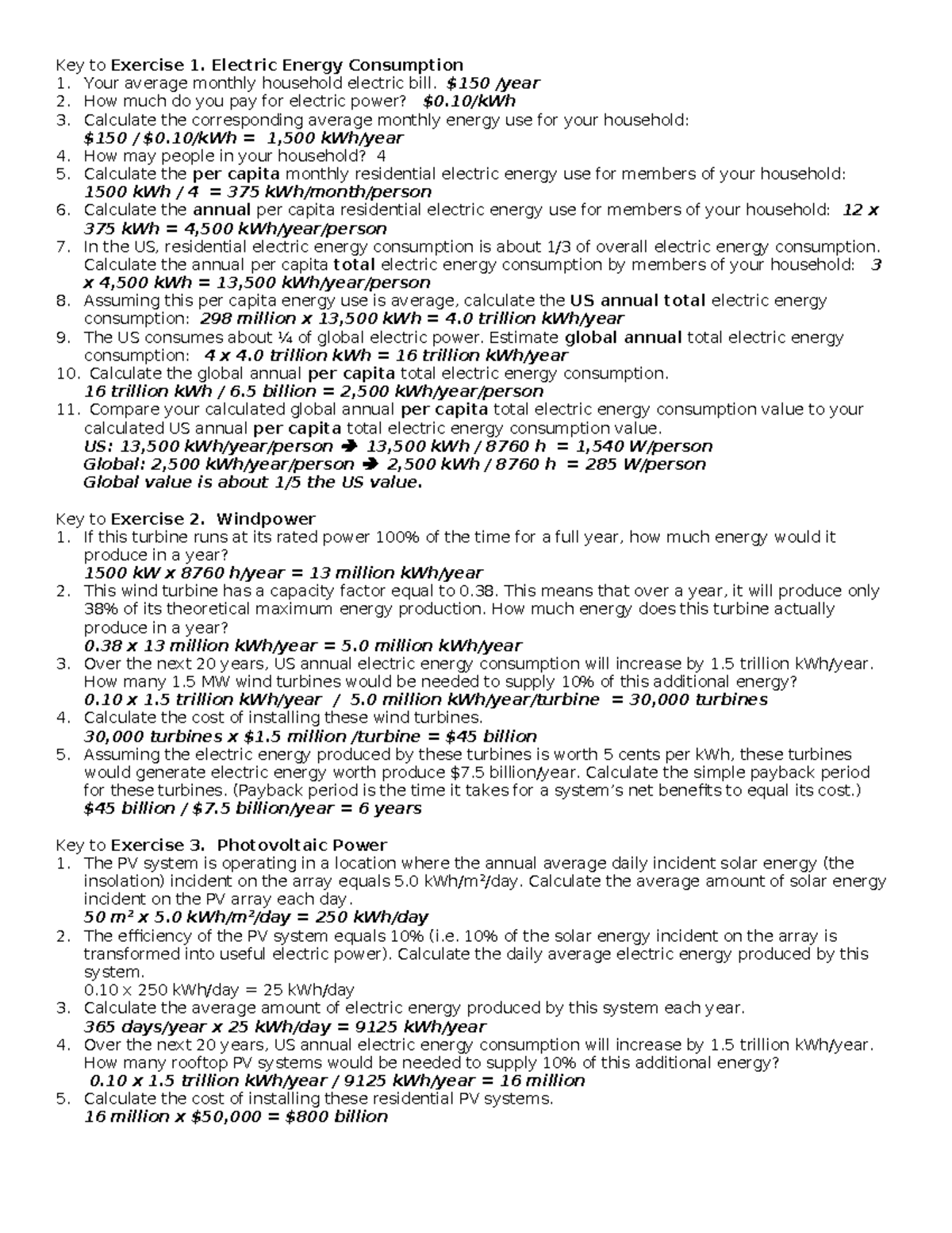 Electric power worksheet Key - Key to Exercise 1. Electric Energy ...