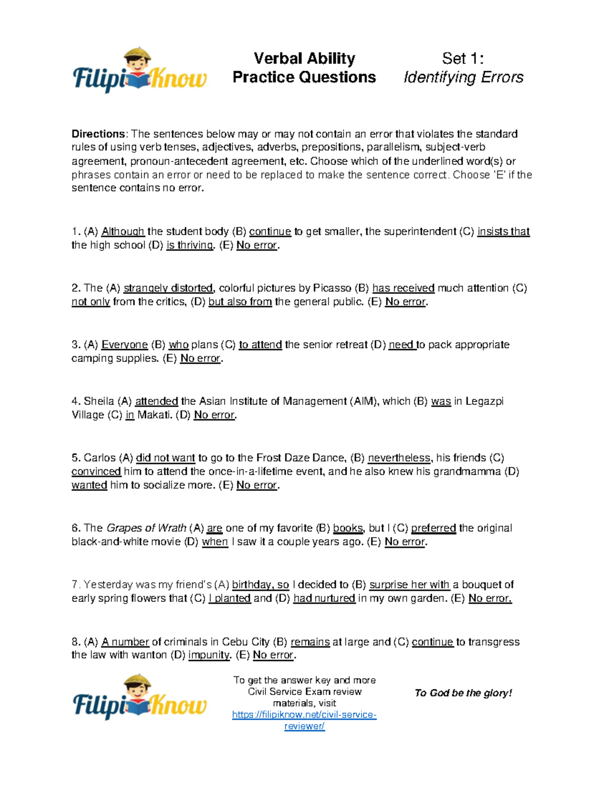 Verbal Ability Practice Questions Set 1 1 - Verbal Ability Practice ...