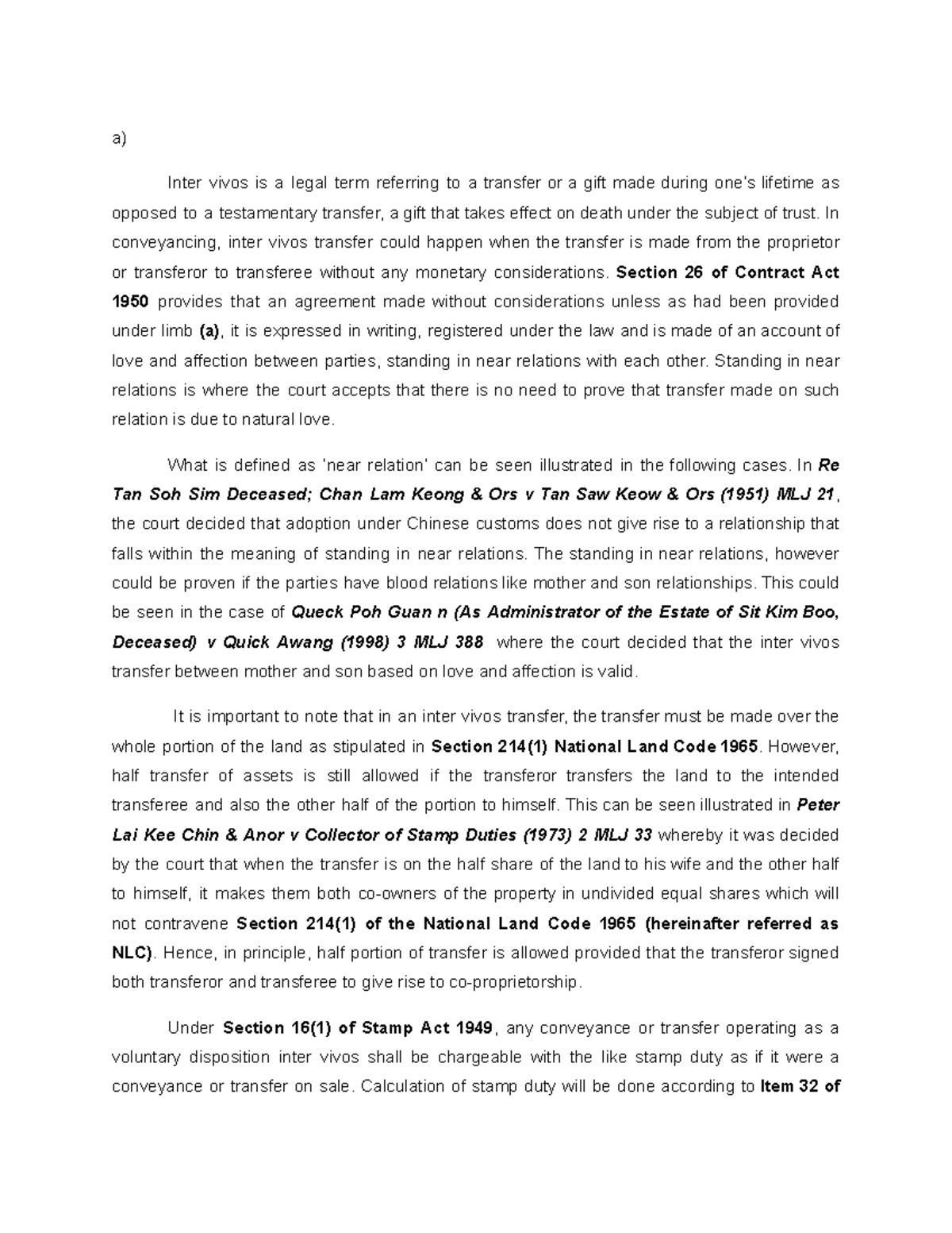 LAW512 Conveyancing Final EXAM - a) Inter vivos is a legal term ...