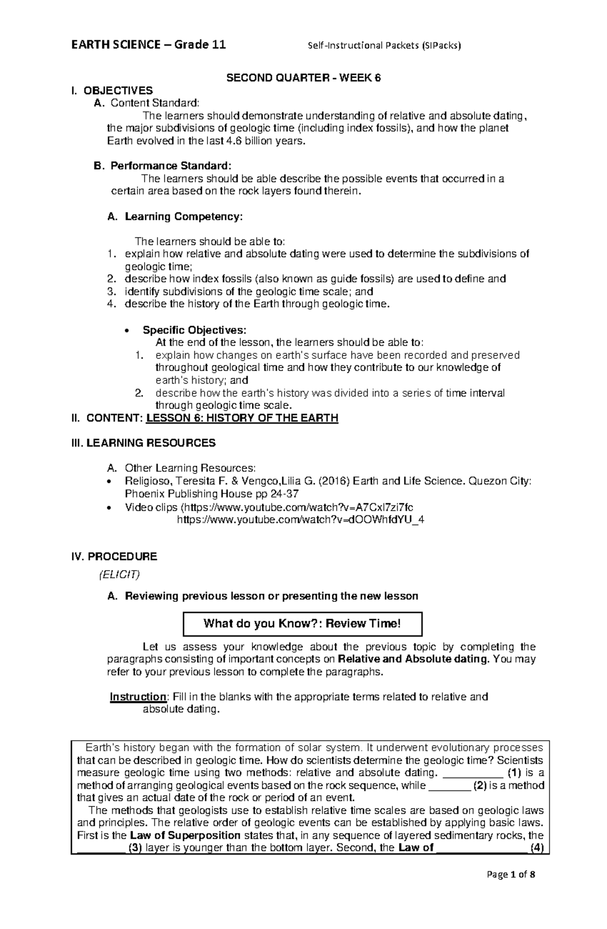 Earth-Sci-W6 - reviewer - SECOND QUARTER - WEEK 6 I. OBJECTIVES A ...