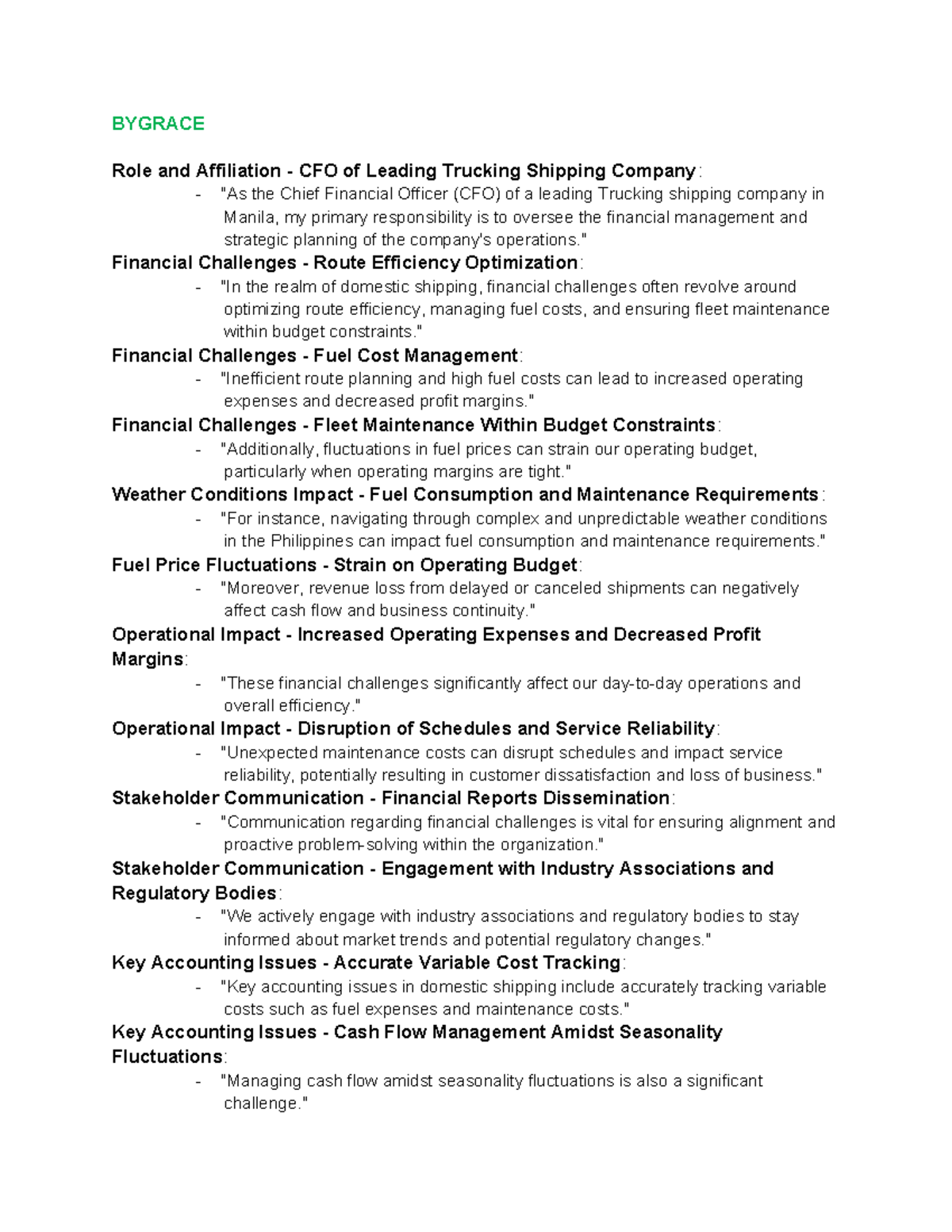 Codes - BYGRACE Role and Affiliation - CFO of Leading Trucking Shipping ...