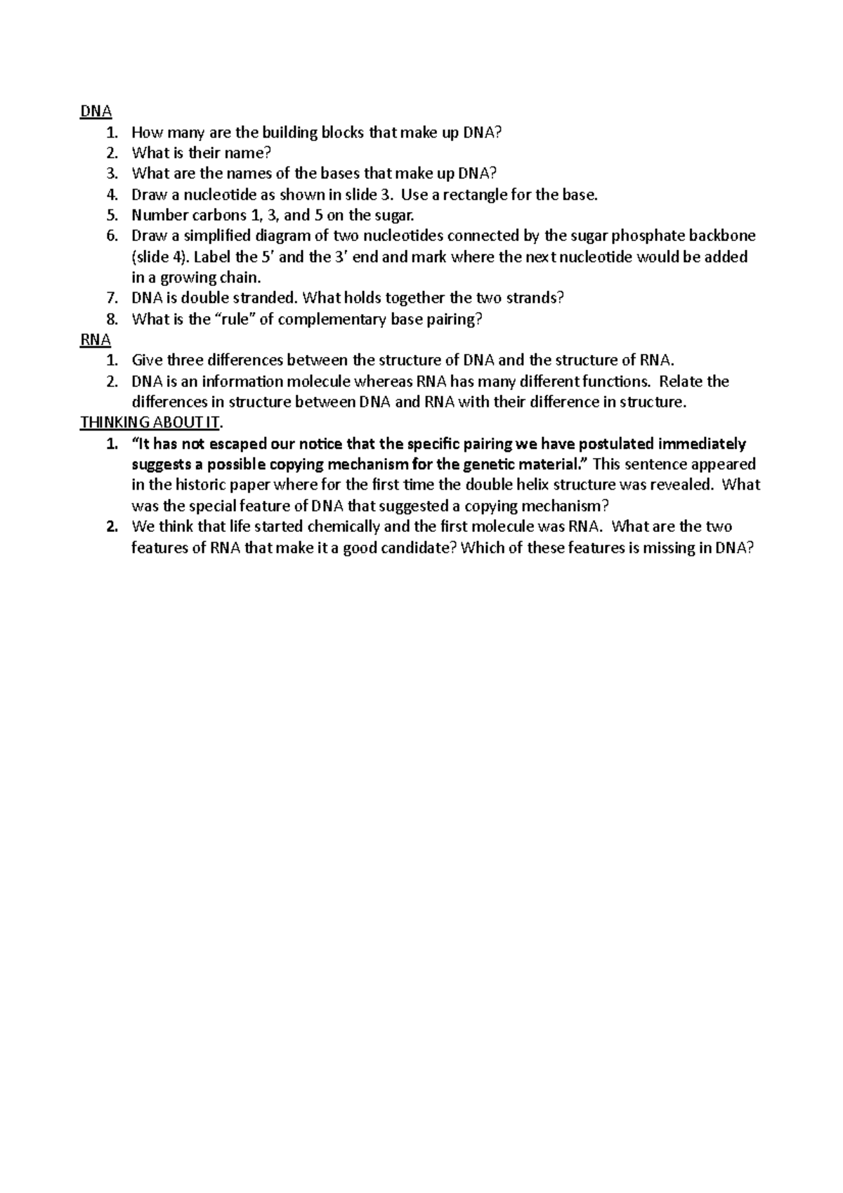 DNA and RNA worksheet - DNA How many are the building blocks that make ...