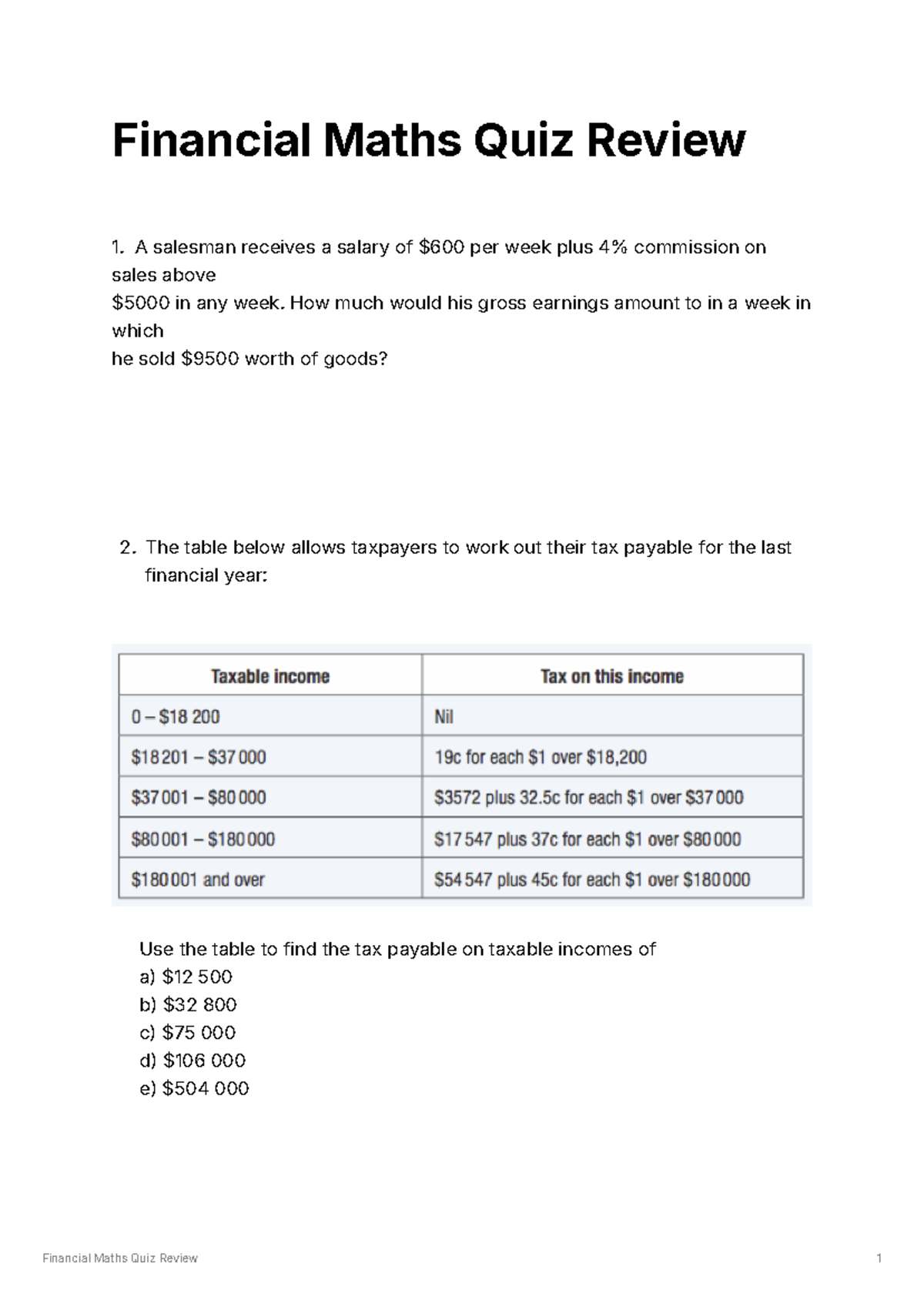 Year 10 Standard maths financial quiz - Financial Maths Quiz Review 1 ...